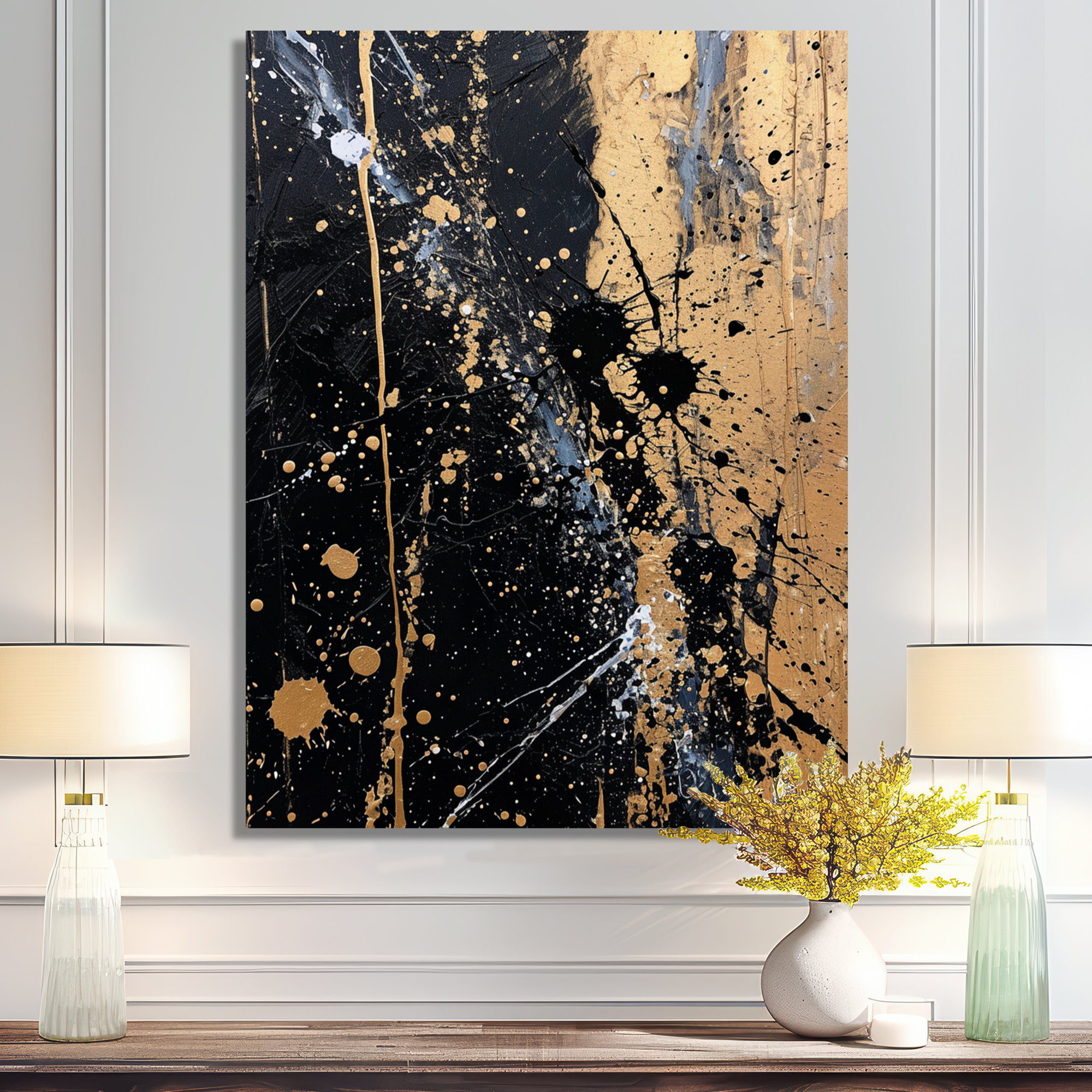 Wrought Studio Spatter Explosion Gold Black - Abstract Print Wall Art ...