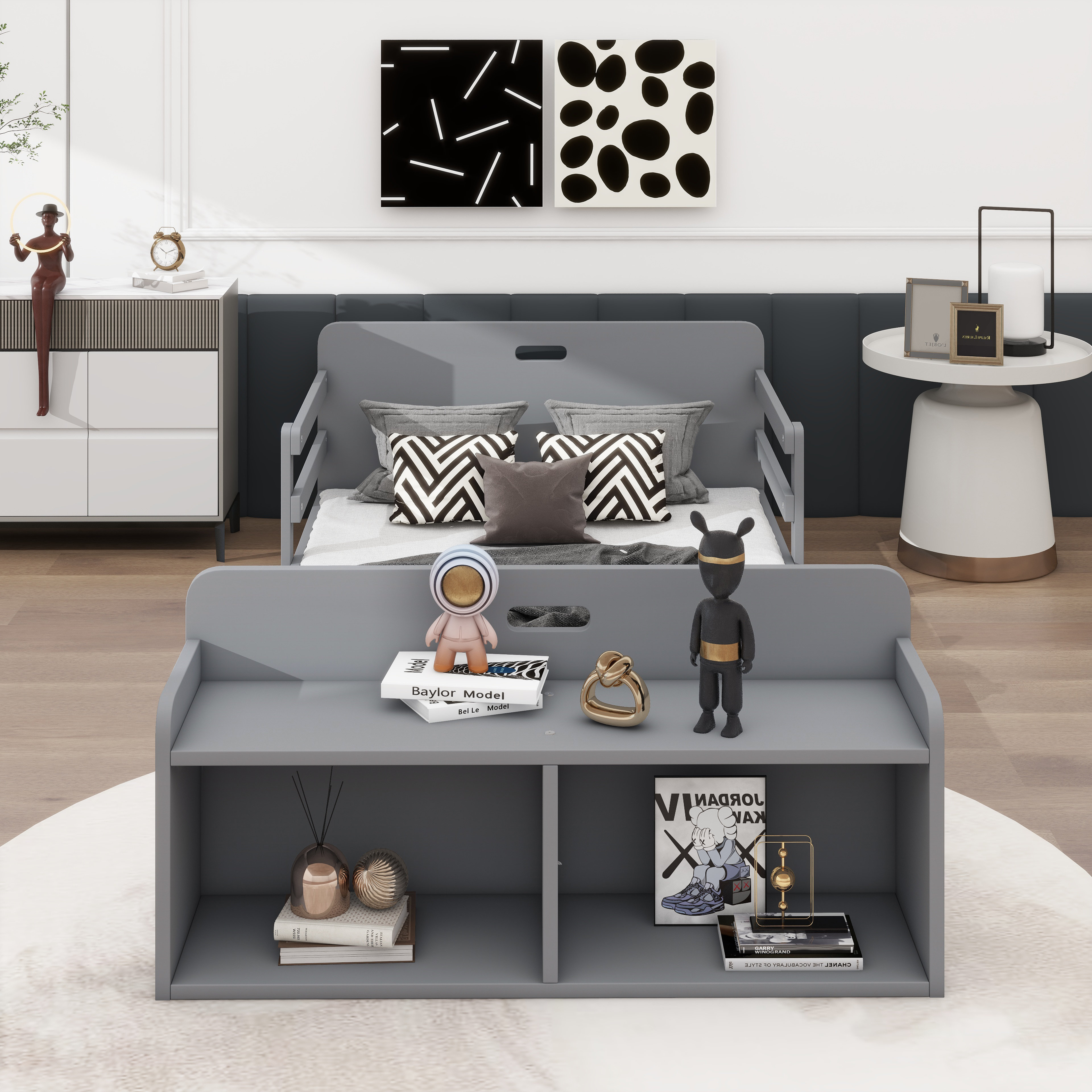 Lark Manor A Twin-Sized Floor-Level Bed With A Storage-Equipped Footboard And Safety Guardrails ...