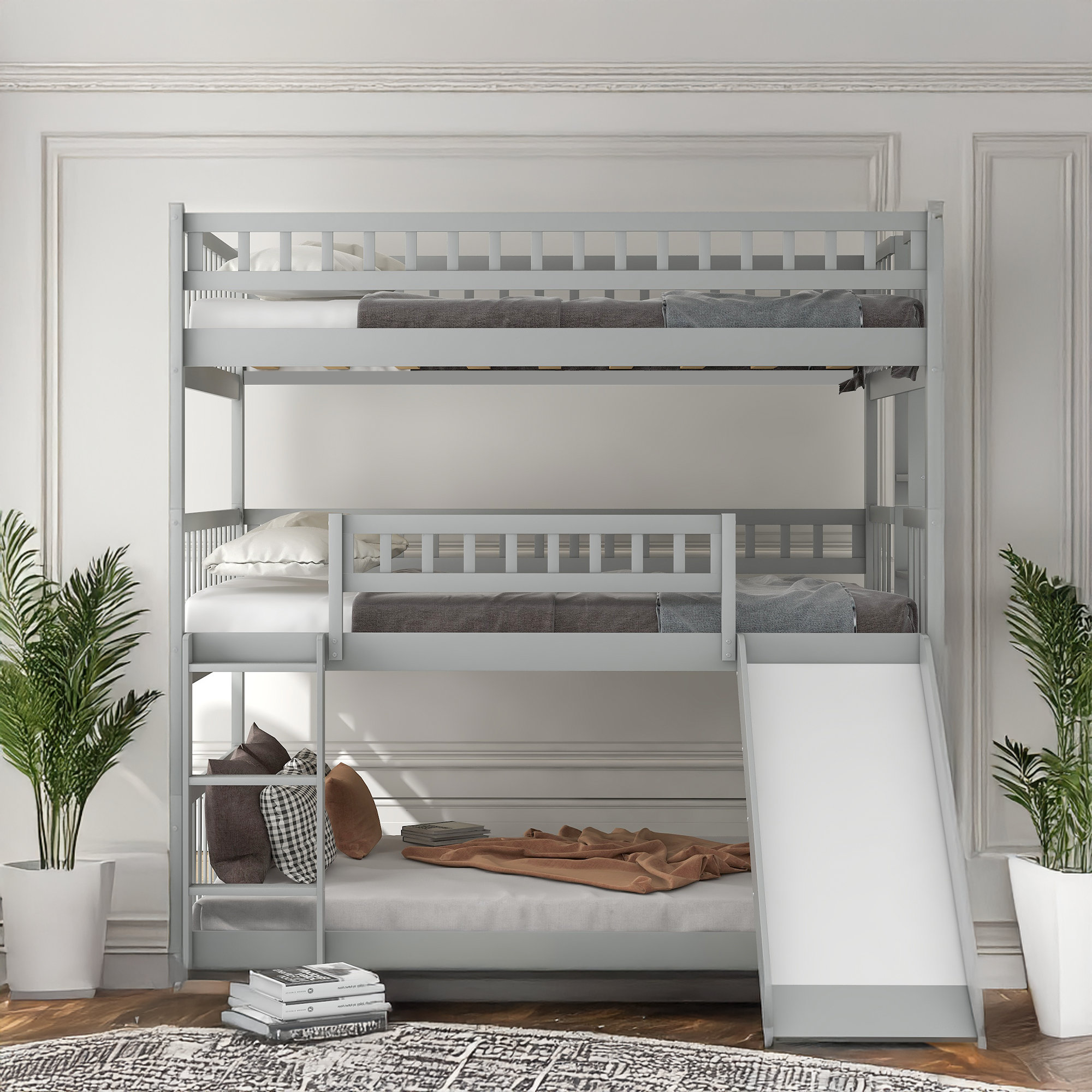 Harriet Bee Twin-Over-Twin-Over-Twin Triple Bed With Built-In Ladder ...
