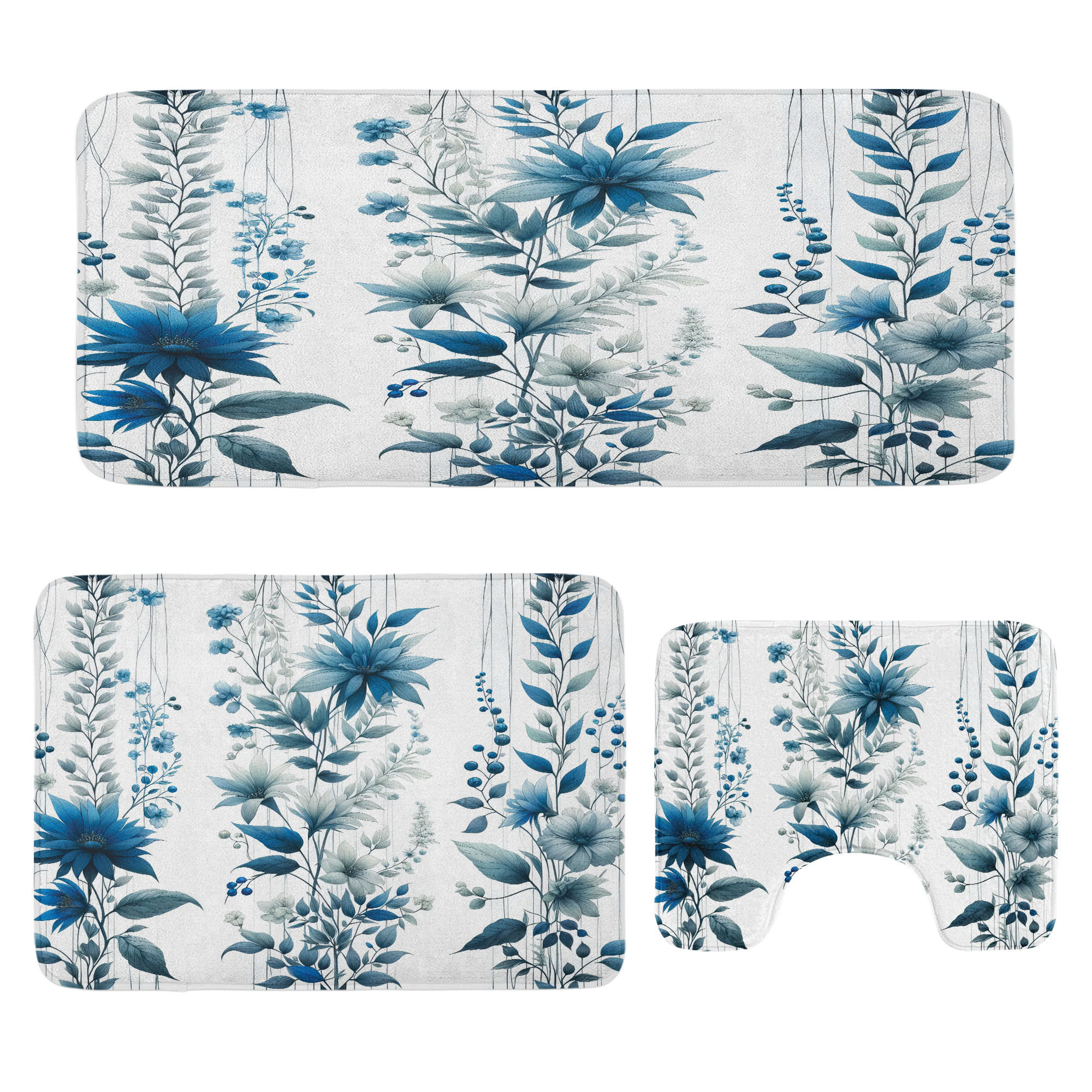 East Urban Home Blue Bathroom Rug Set 3 Pieces U-Shape & Rectangle Mats ...