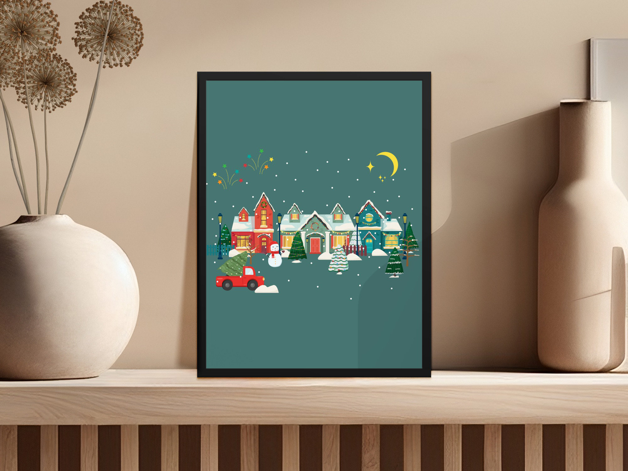 Lark Manor Snowy Village At Night Festive Home Decor Art Framed Poster ...