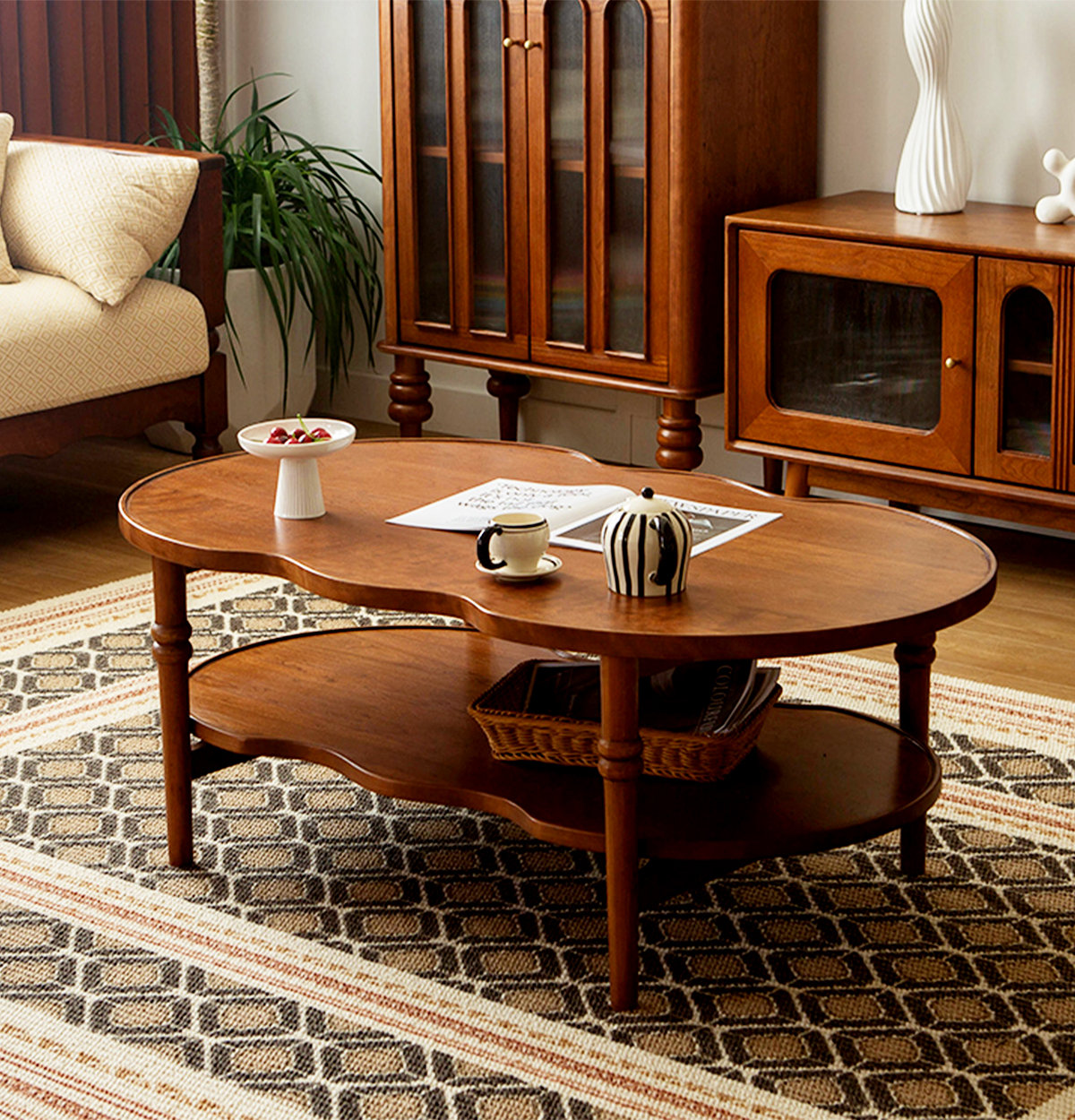 Finesse Furni Vintage cherry wood double-layer petal-shaped coffee ...