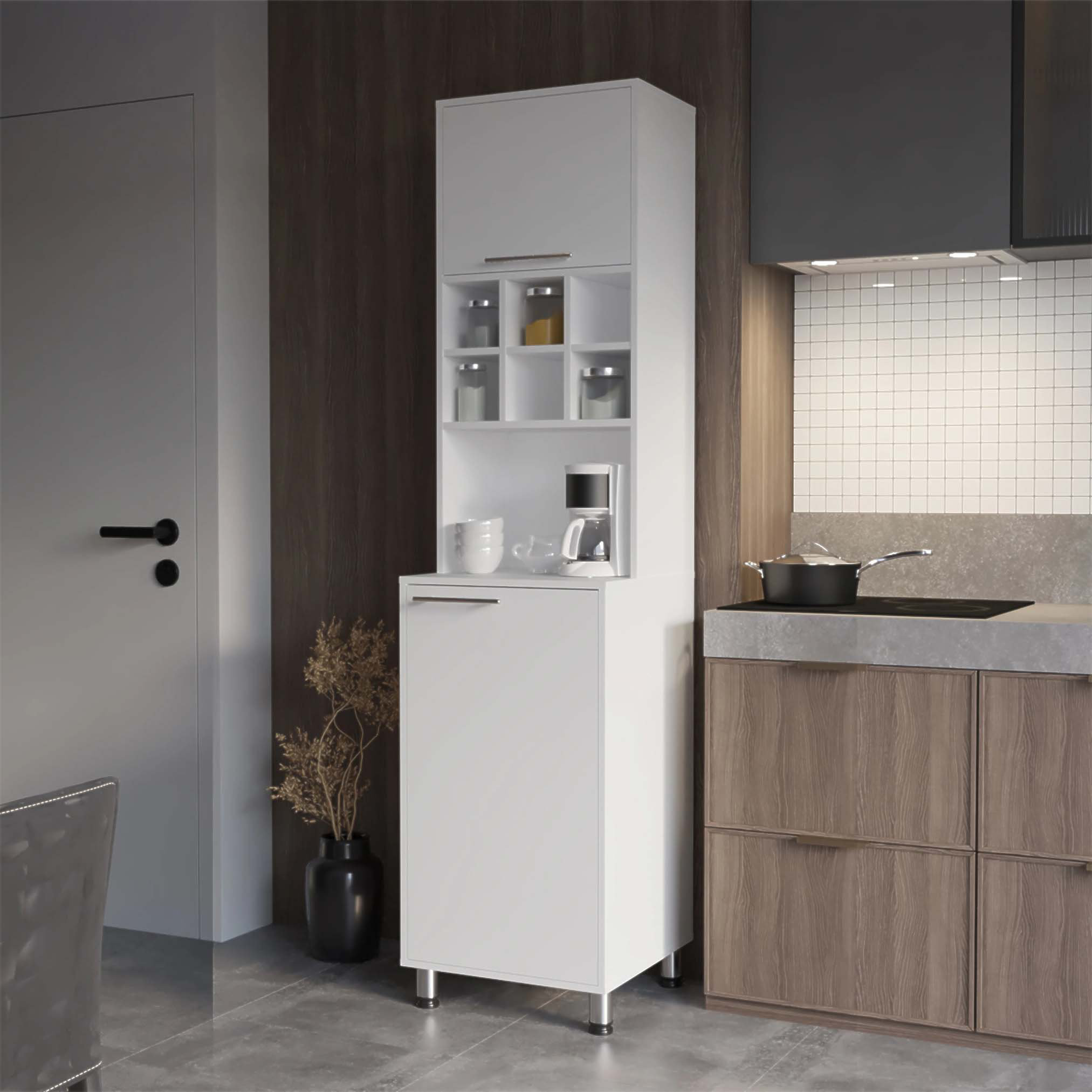 Ebern Designs Modern White Kitchen Pantry with Pneumatic Doors and ...
