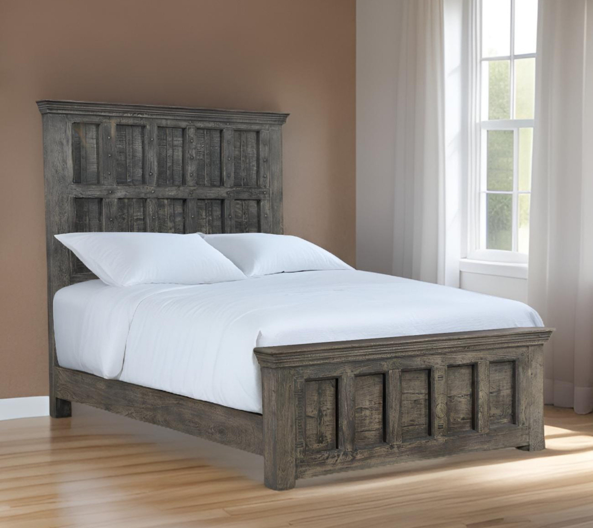 HomeRoots Brown Carved Geometric Distressed Solid Wood Queen Bed Frame ...