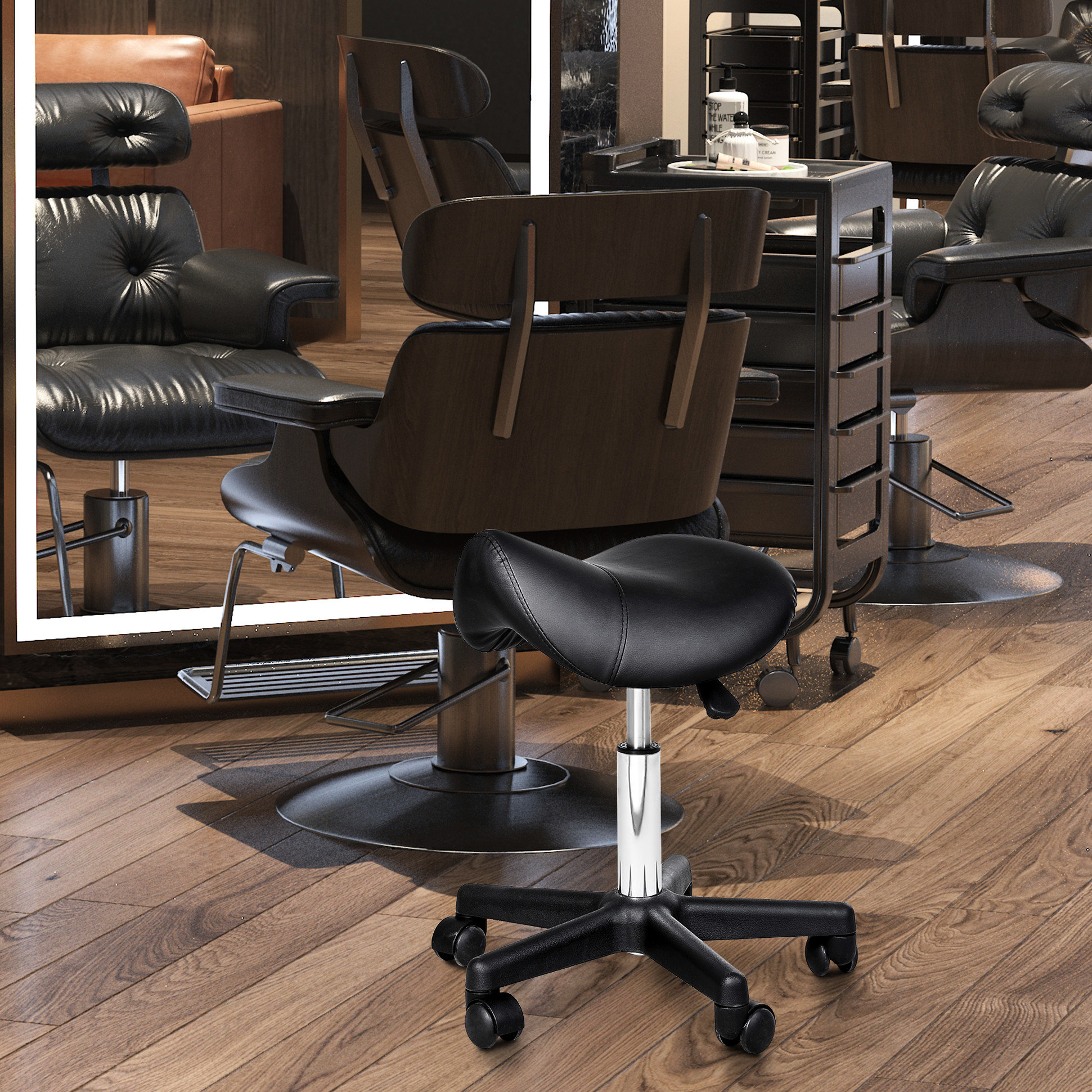 Wrought Studio™ Ergonomic Faux Leather Rolling Saddle Stool, Adjustable ...