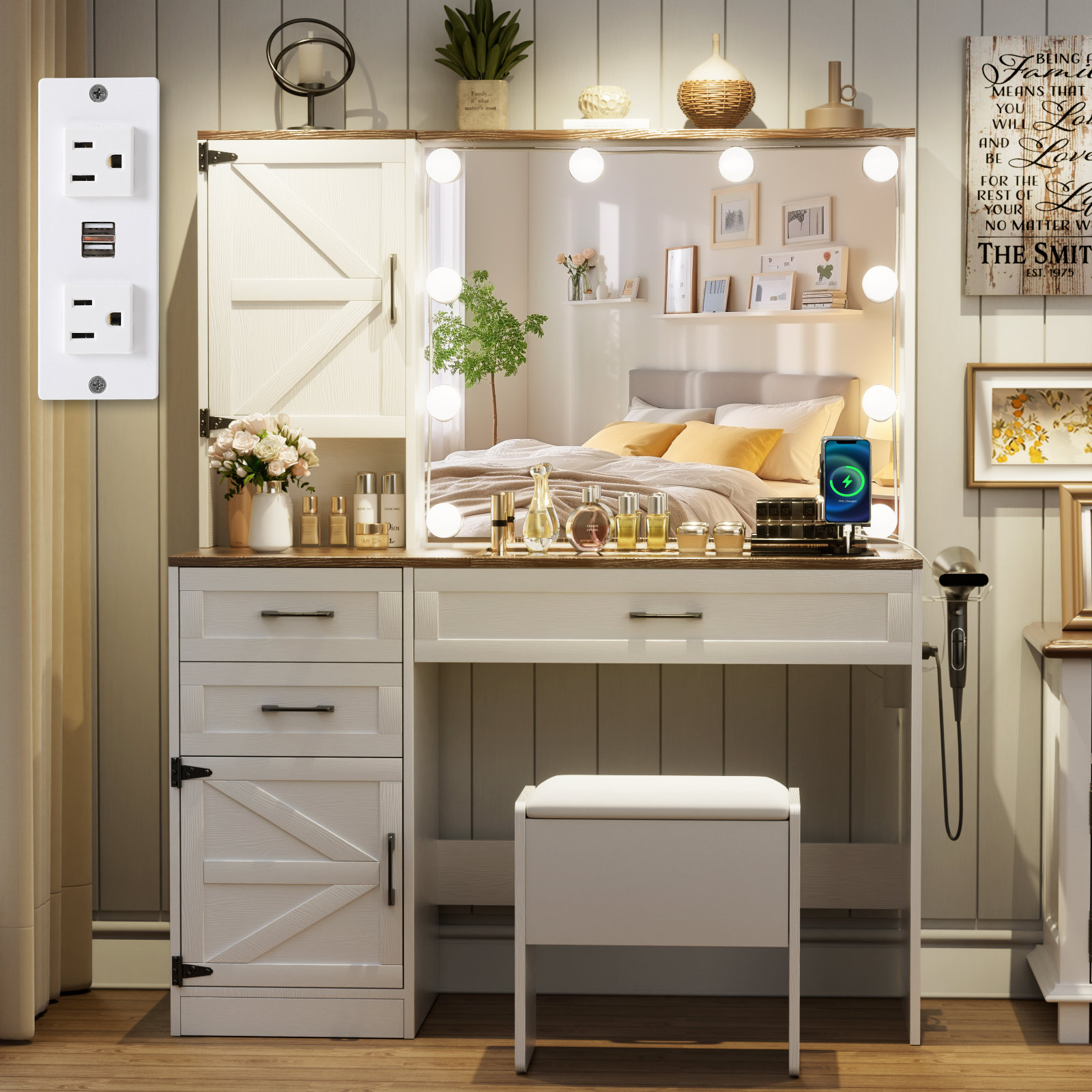 Ebern Designs Ensemble coiffeuse Nastasha avec plateau en verre et ...