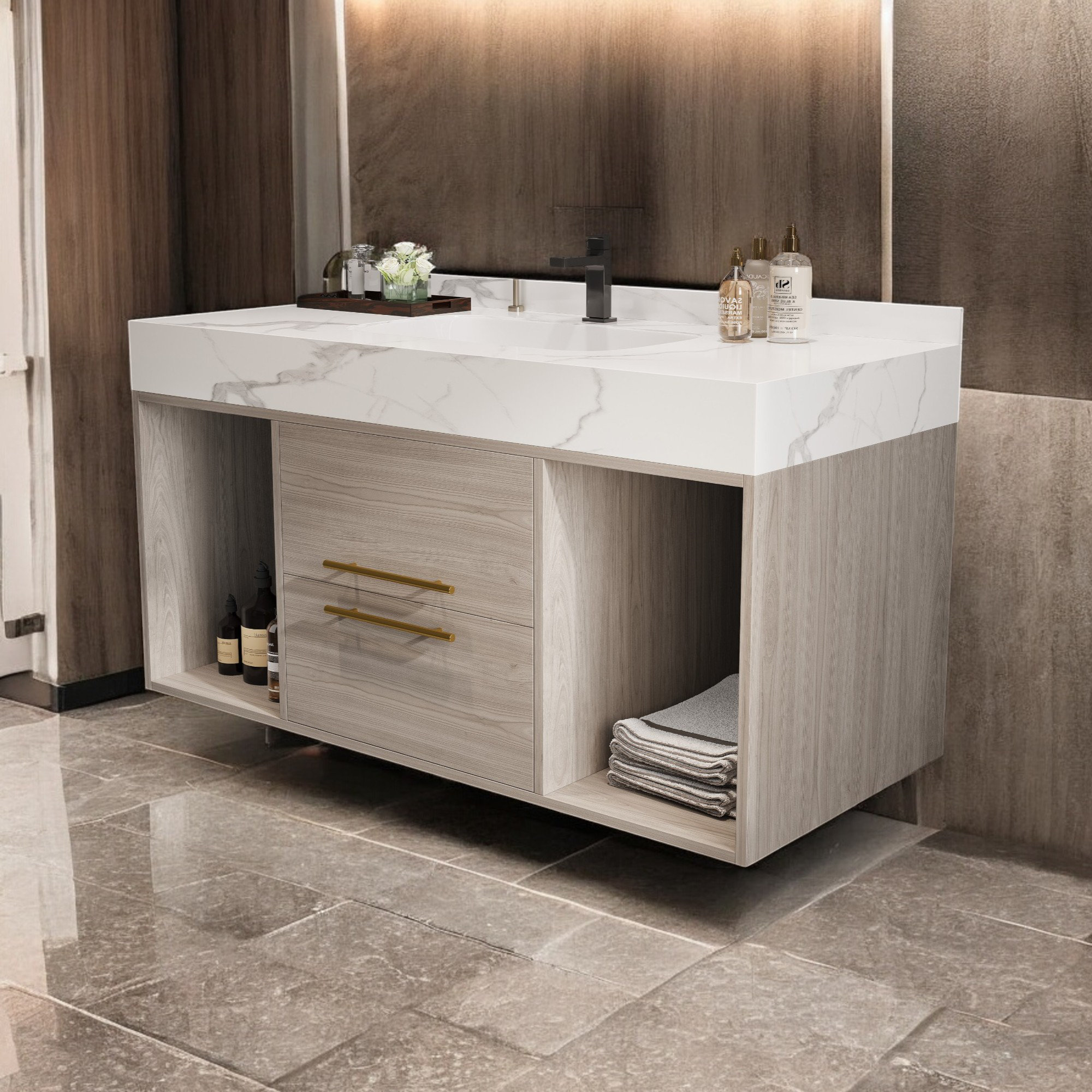 KISRAIS 39" Wall Mounted Floating Single Bathroom Vanity With Sintered ...