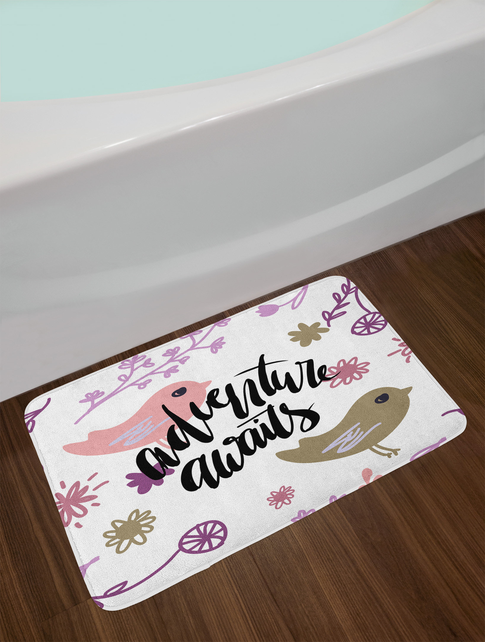 East Urban Home Saying Plush Bath Mat, Sketch Floral Birds Text, 30.2 ...