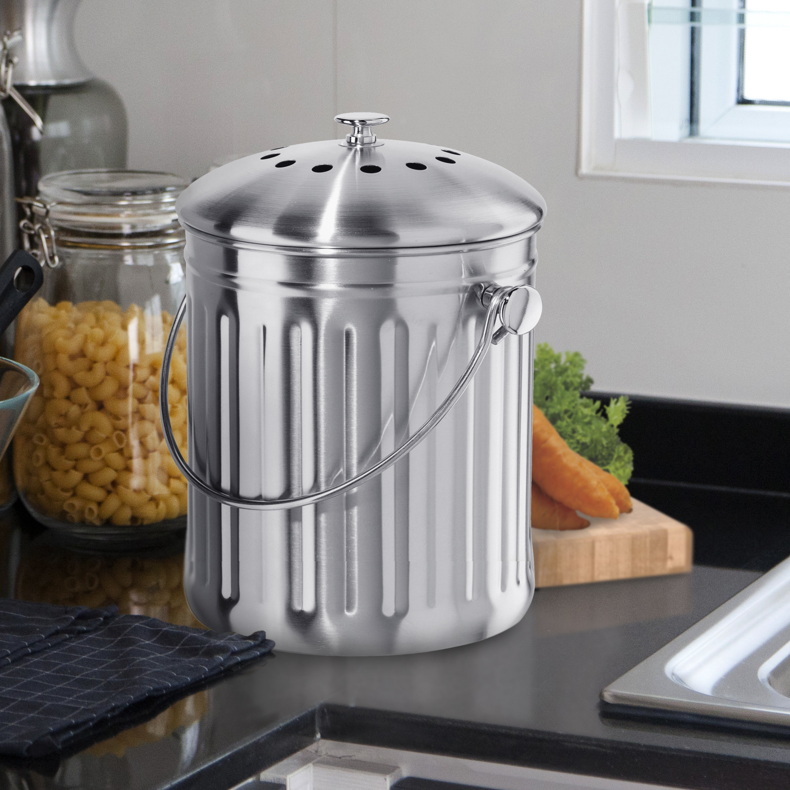 Oggi Prep 1 Gal. Stainless Steel Indoor Kitchen Composter with Latching ...