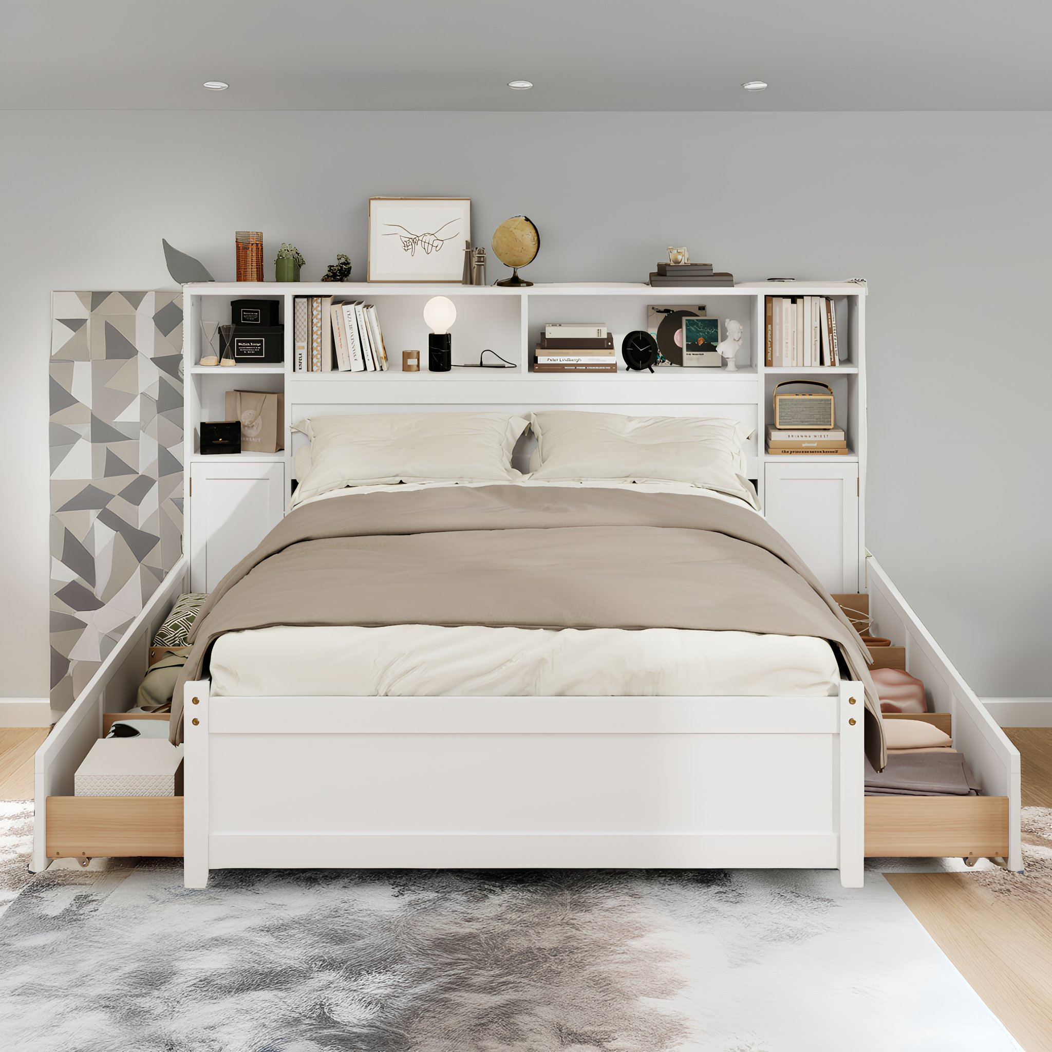 Latitude Run® White Storage Bed with Bookcase Headboard - 6 Drawers ...