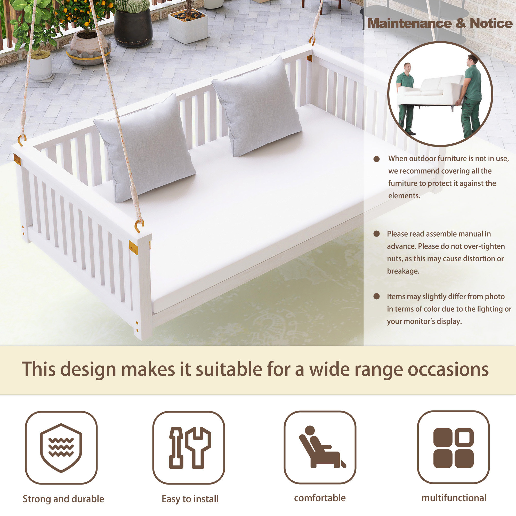 Red Barrel Studio Twin Size Garden Swing Bed Wood Porch Swing With ...