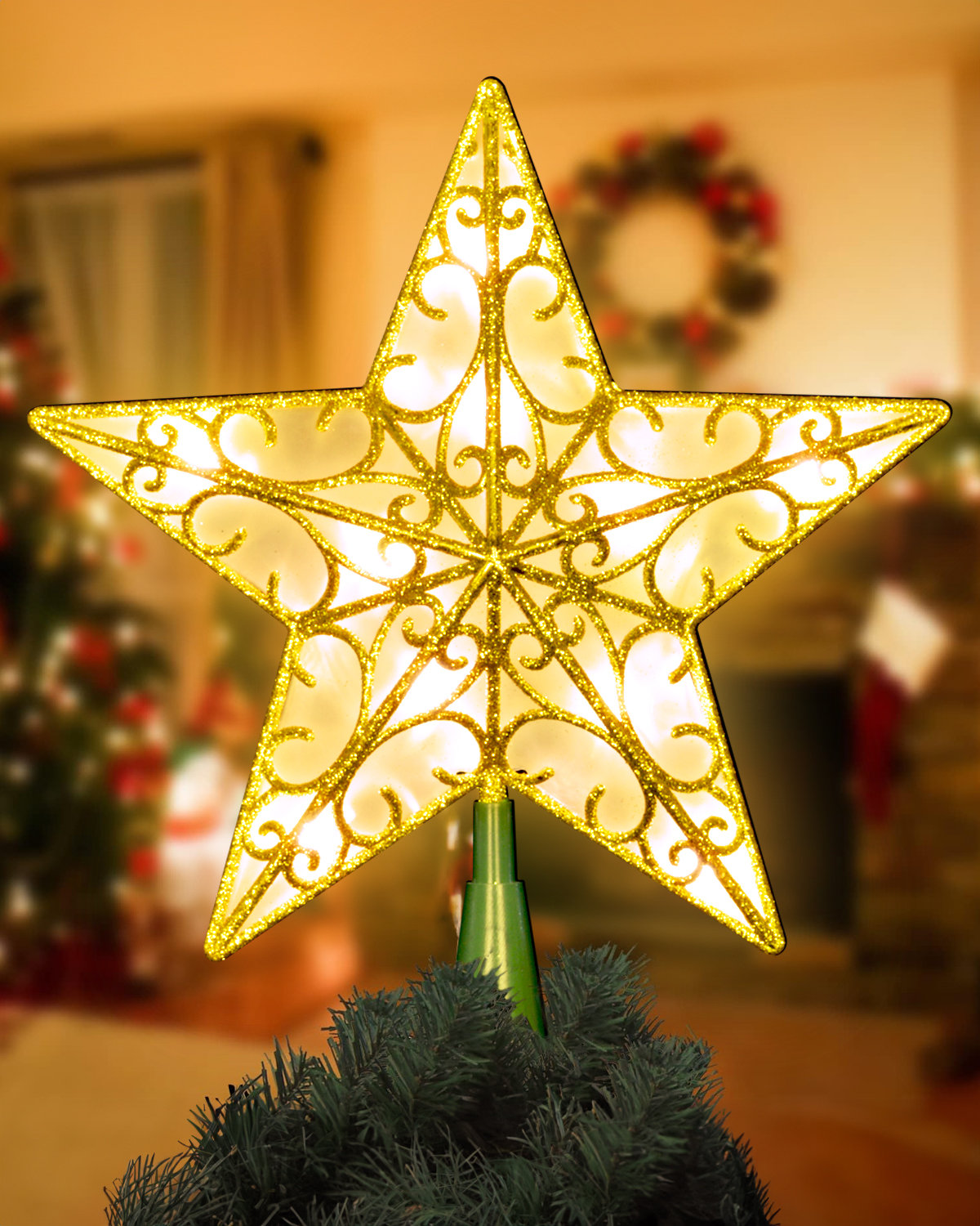The Holiday Aisle® Christmas Gold Glitter Tree Topper Smart Light 9 ...