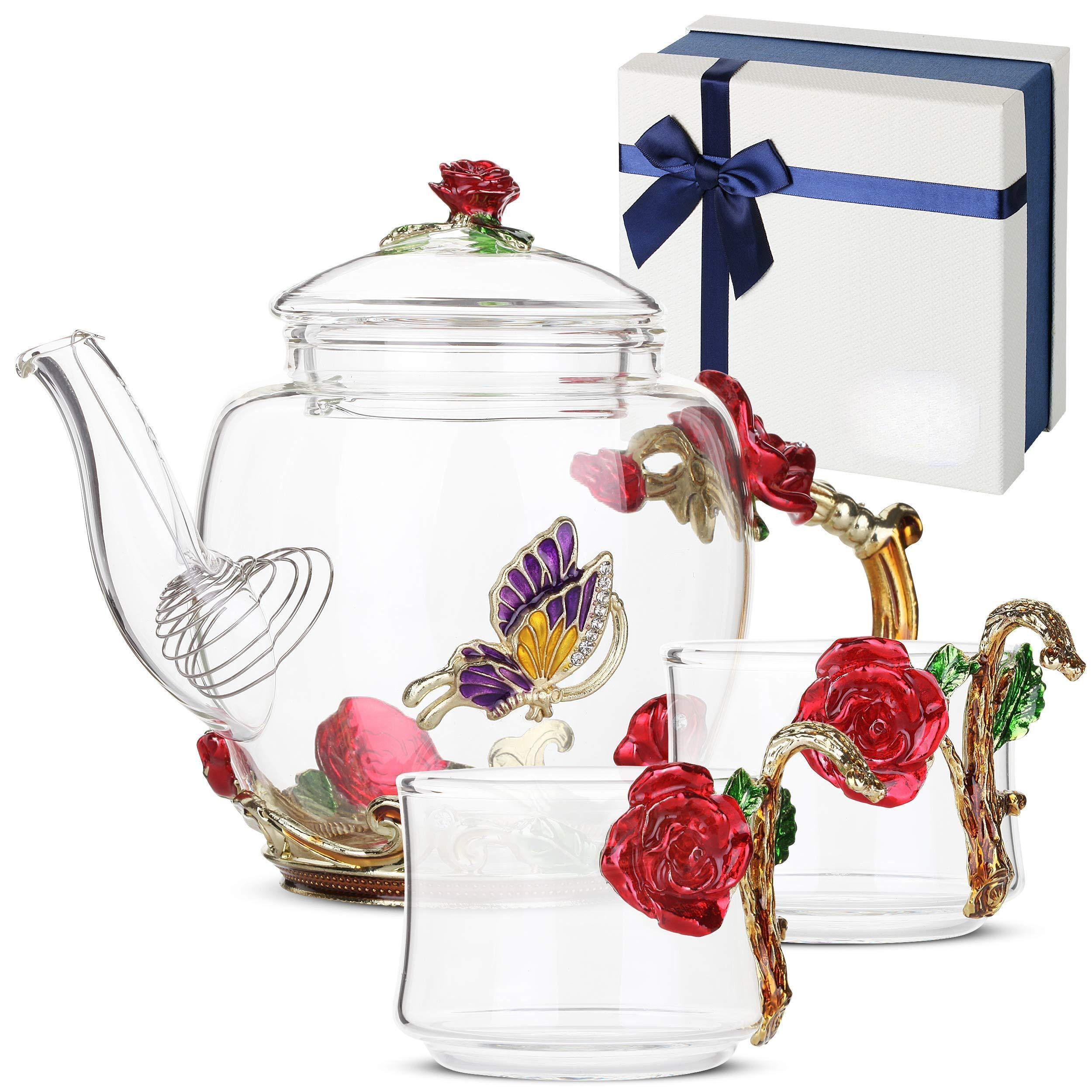 Rosdorf Park Floral Glass Tea Set, 2 Fancy Cups, 2 Oz, Tea Pot Glass ...