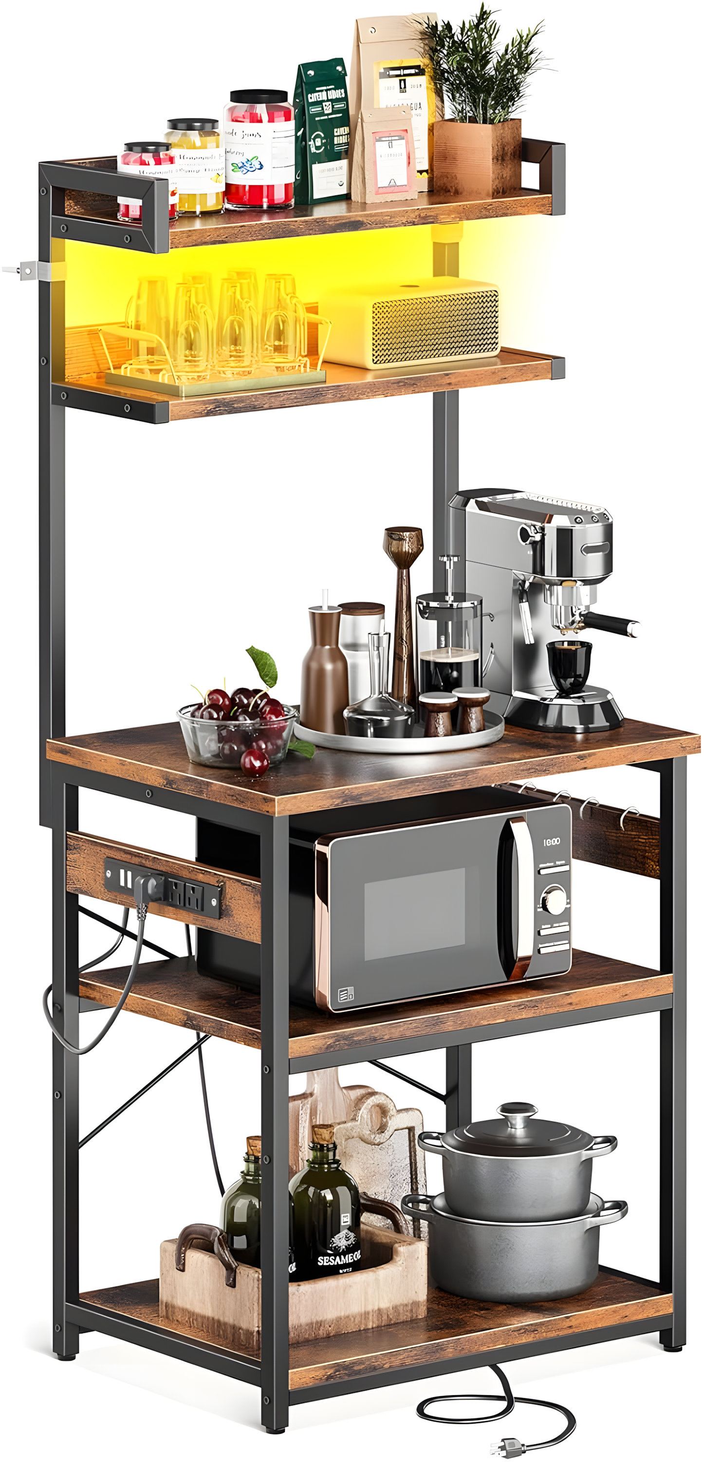 Ivy Bronx 5-Tier Bakers Rack With Power Outlet & LED Lights, Coffee Bar ...