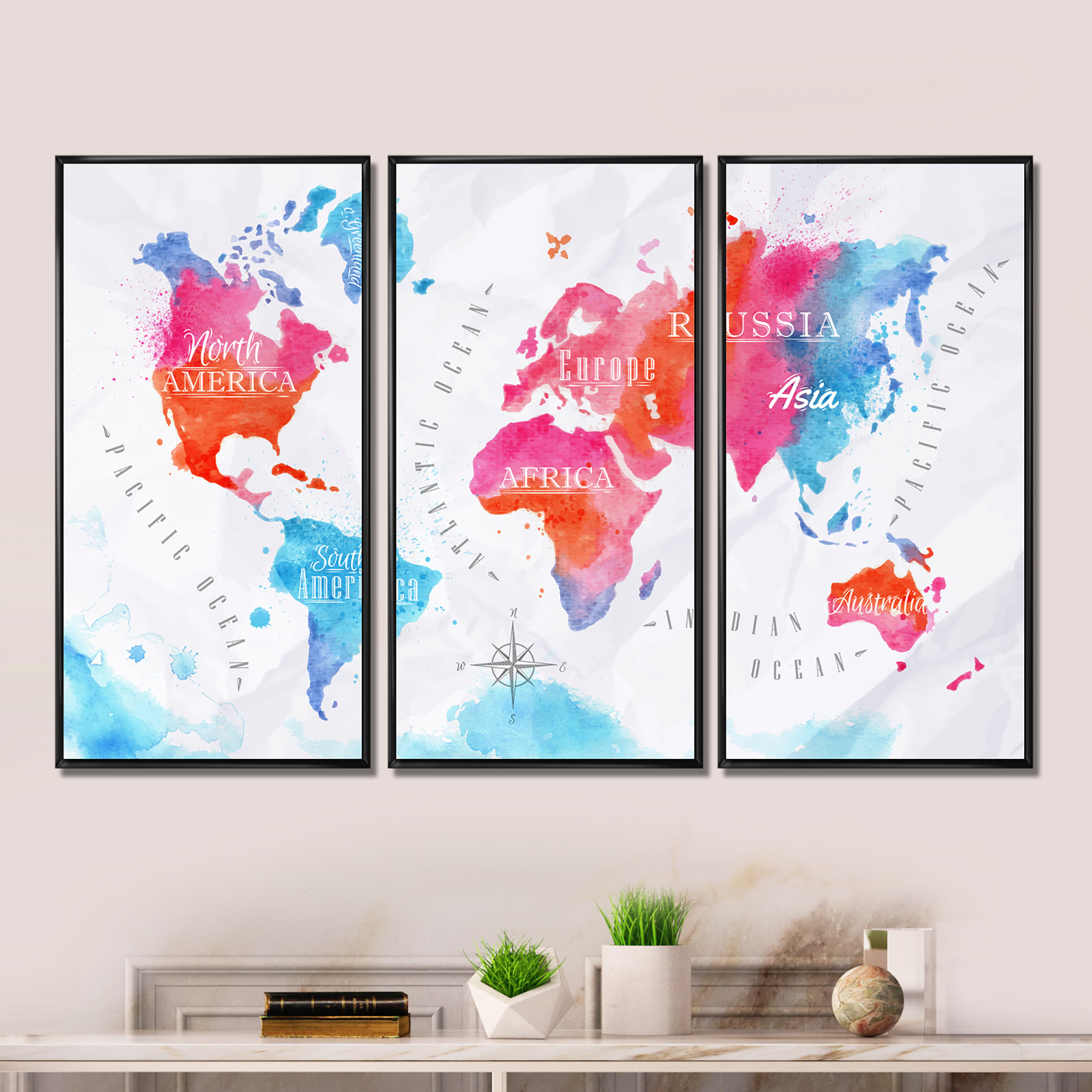 Longshore Tides World Map - 3 Piece Floater Frame Print on Canvas ...