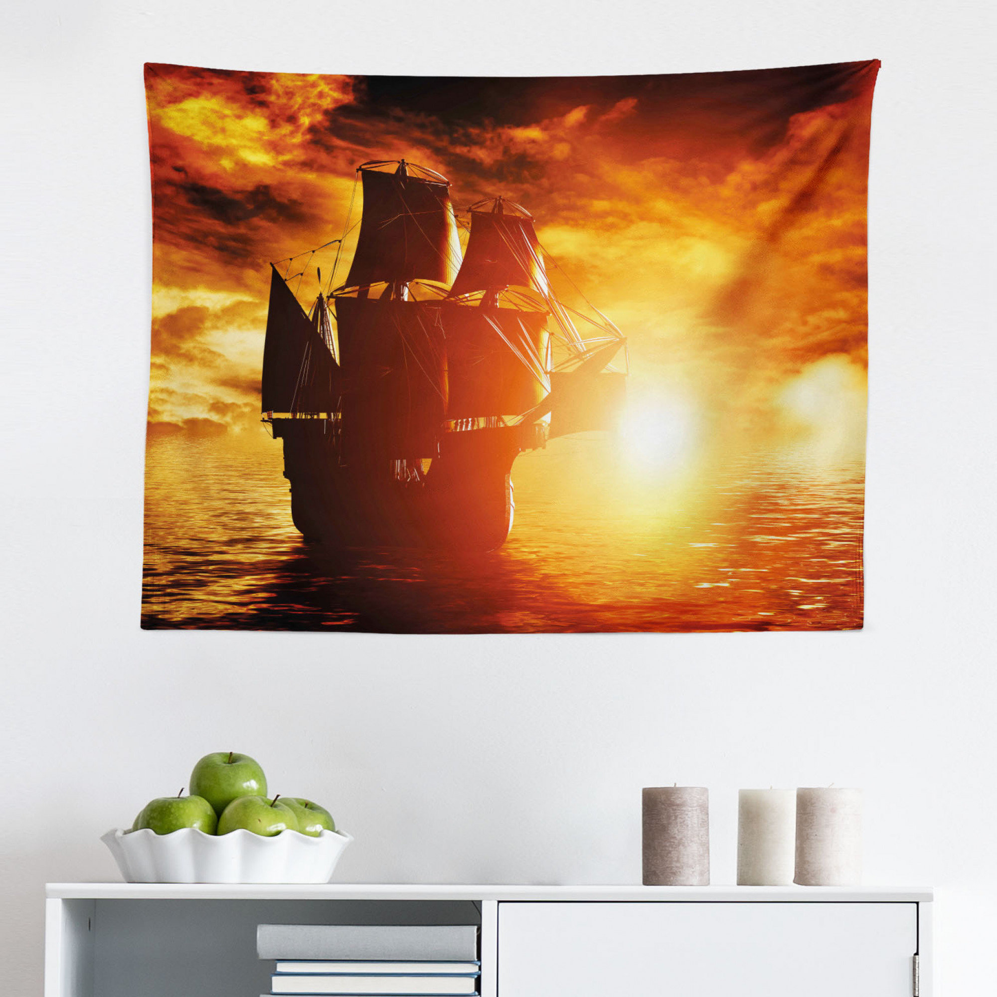 East Urban Home Pirate Ship Tapestry, Pirate Ship Sailing On The Ocean ...
