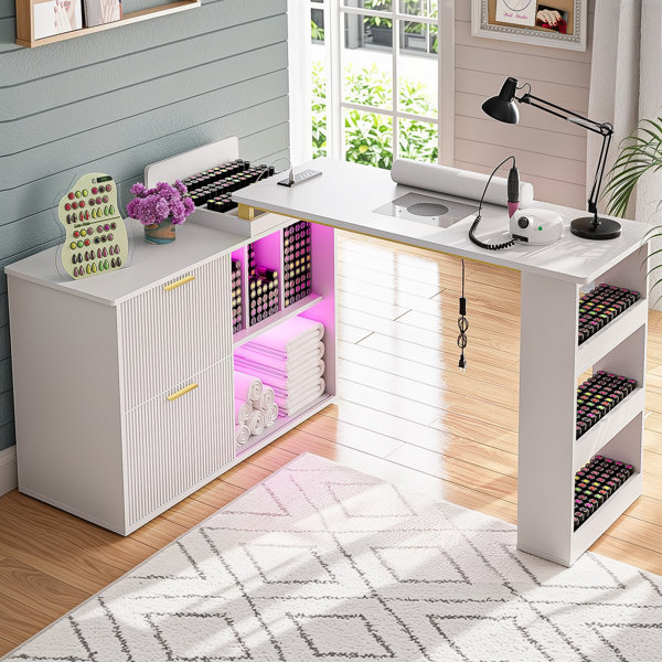 Hokku Designs Kitwana L-Shaped Manicure Table Nail Desk with Storage ...