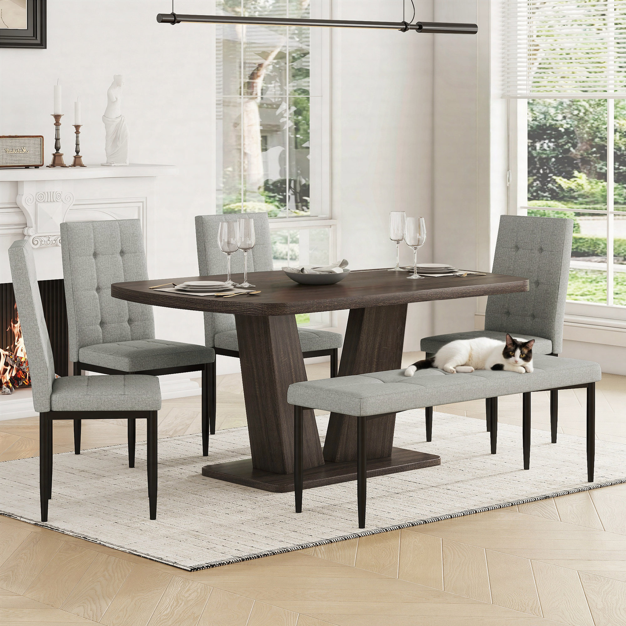 Hokku Designs Modern Style 6-Piece Dining Table With 4 Chairs & 1 Bench ...