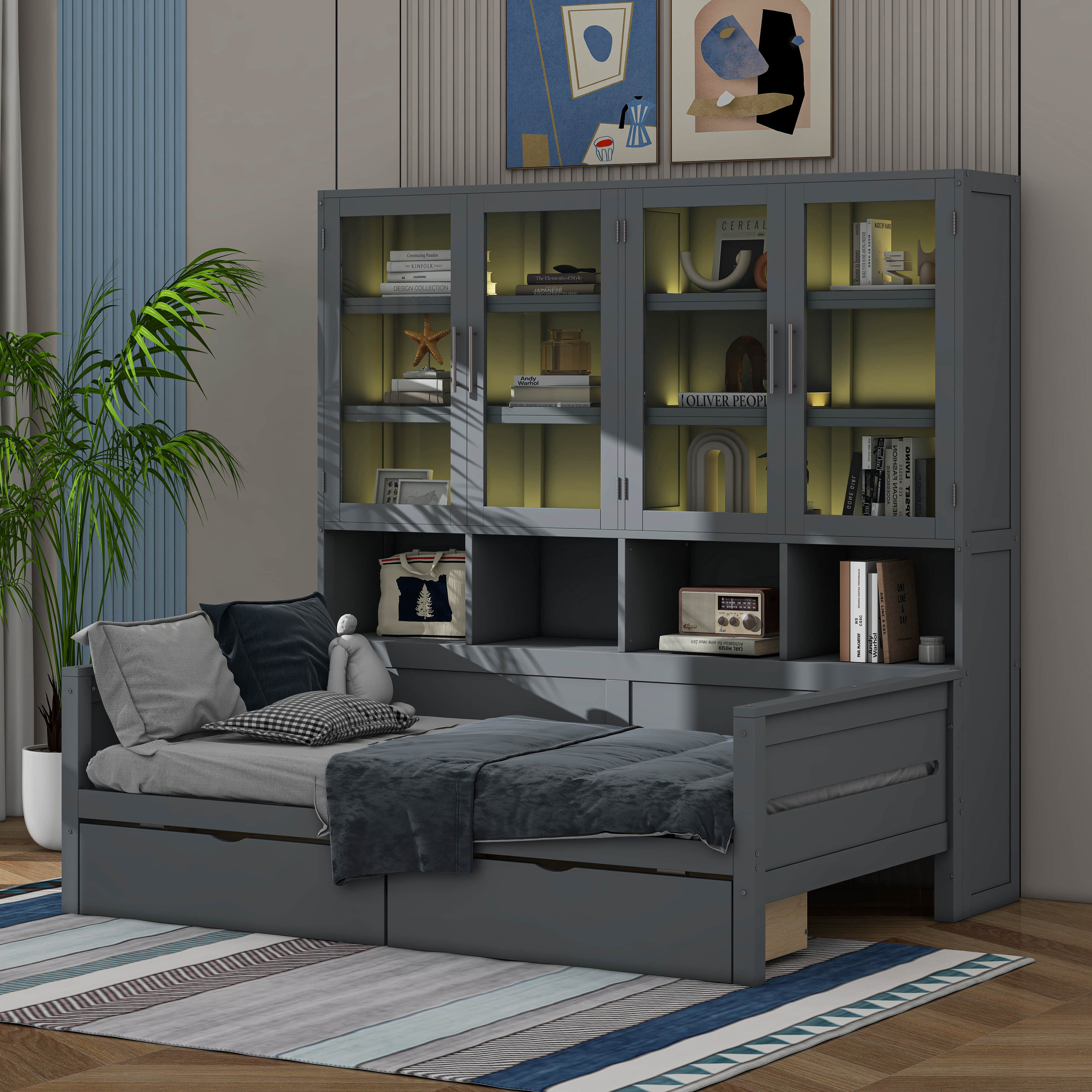 Cosmic Wooden Daybed With Glass-Door Storage Cabinets, Built-In LED ...