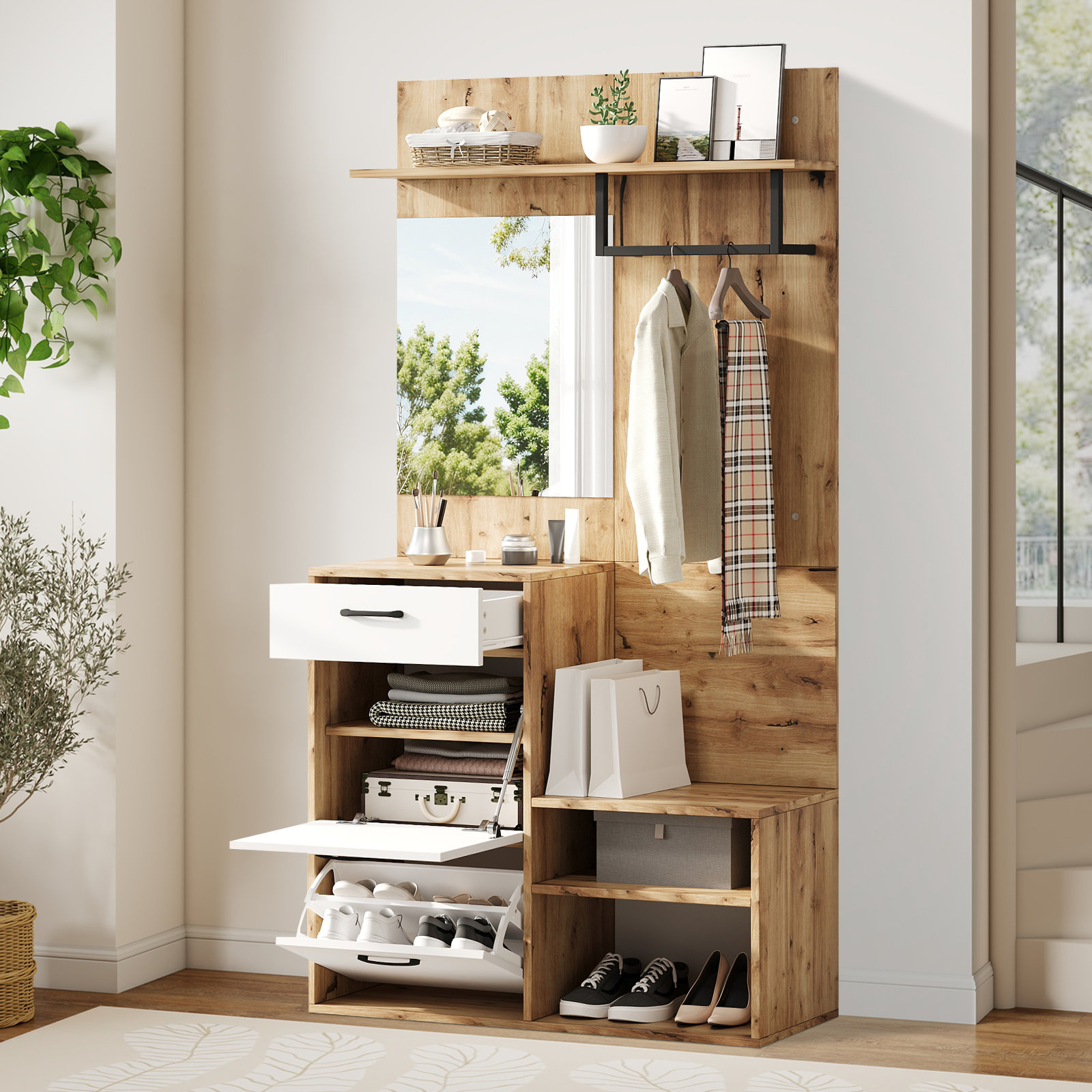 East Urban Home High Gloss Hall Tree With Mirror & Shoe Bench, 100cm ...