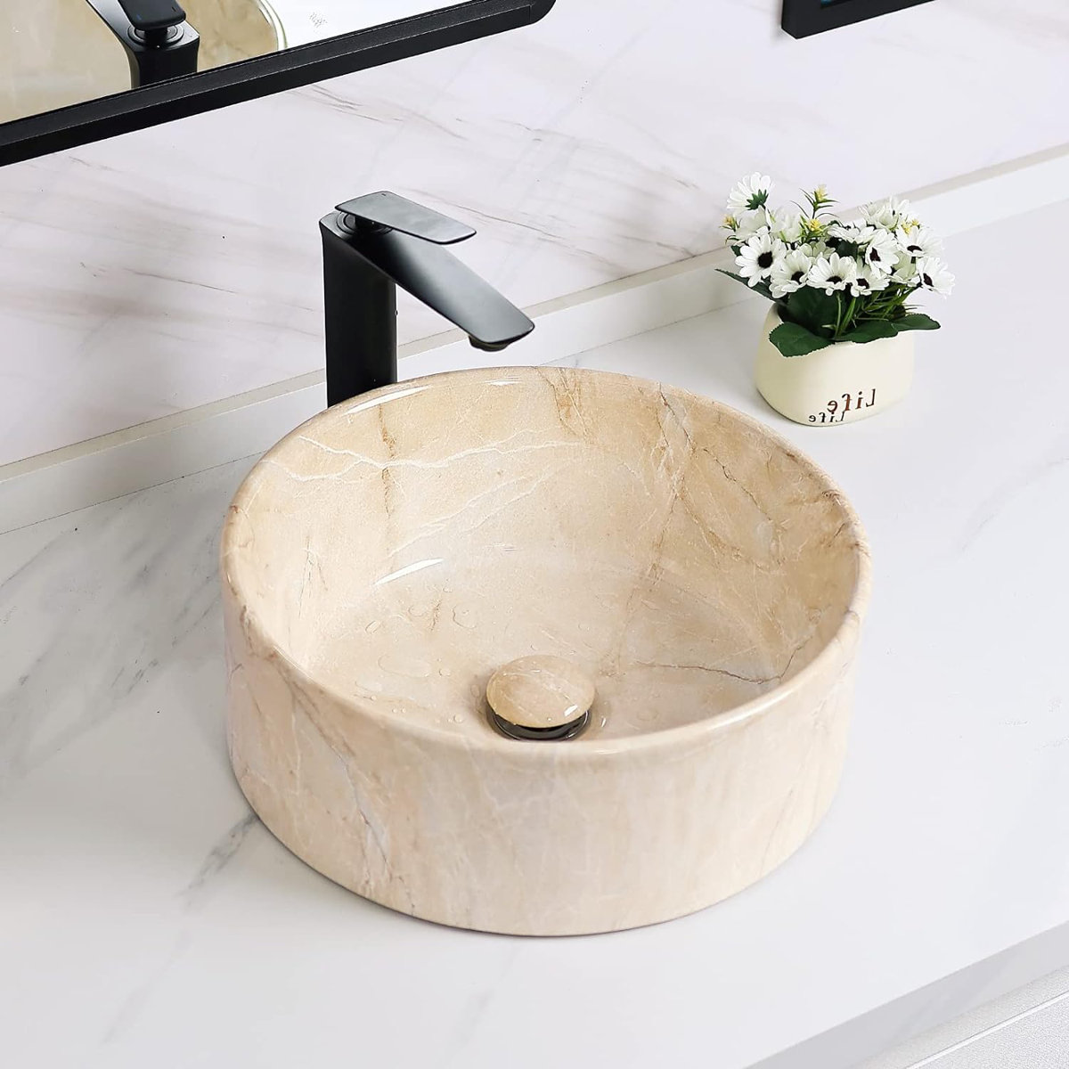 Davivy 16'' Beige Ceramic Circular Vessel Bathroom Sink with Pop Up ...