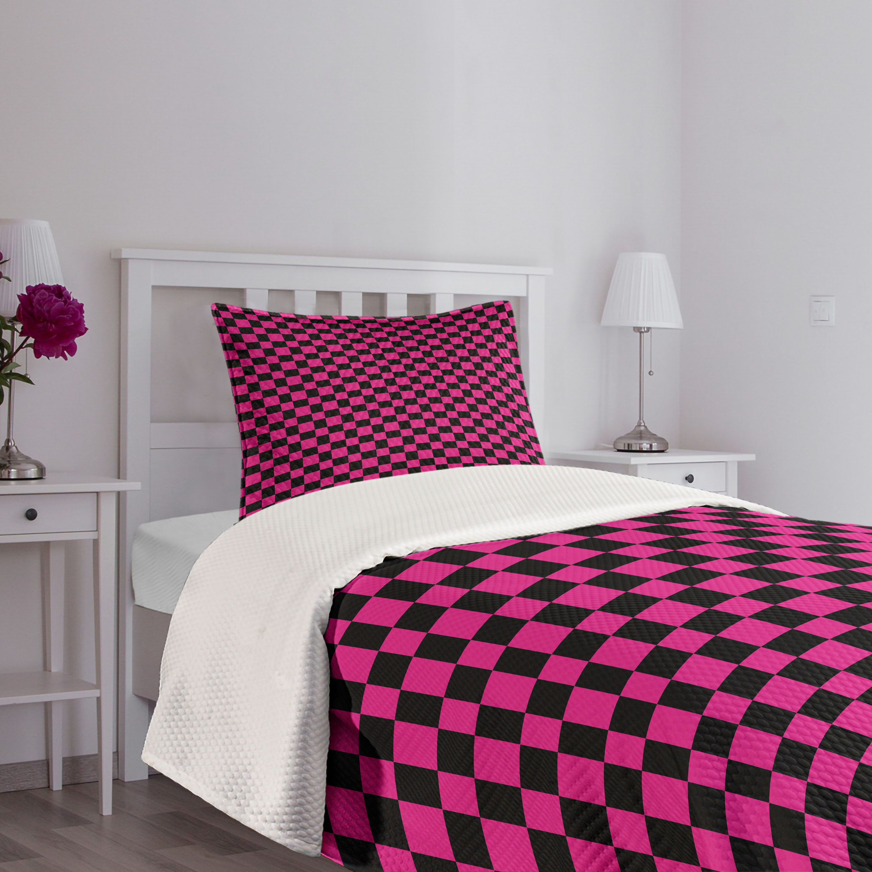 Ambesonne Hot Pink Bedspread Set Gingham Checks Vibrant Magenta Black ...