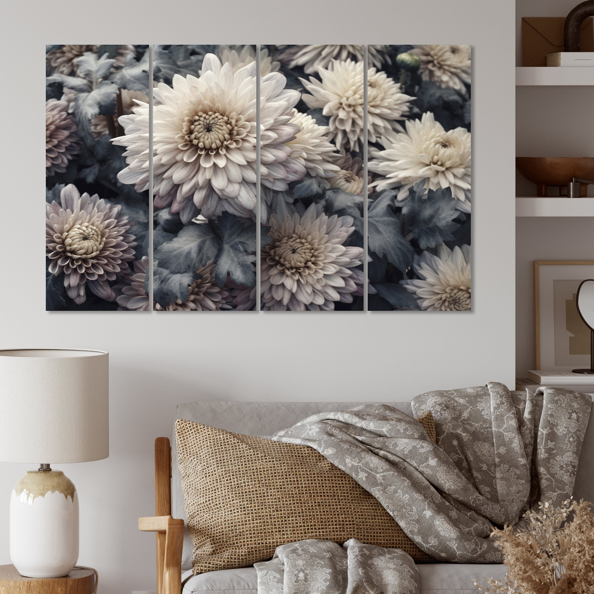 Design Art Cream Grey Chrysanthemums Field - Floral Wall Decor - 4 ...
