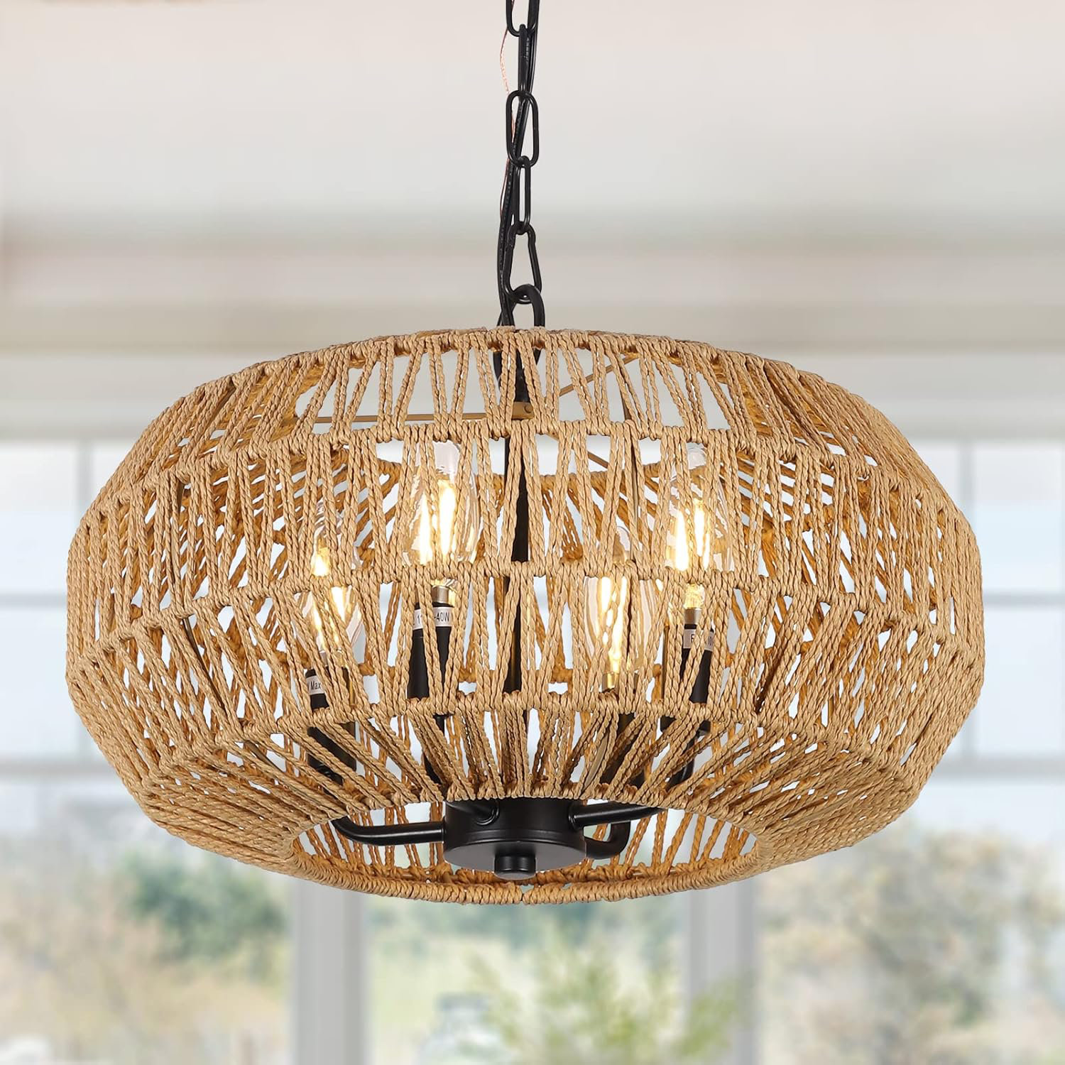 Breakwater Bay Farmhouse Rattan Pendant Light Fixture, 4-Light Boho ...