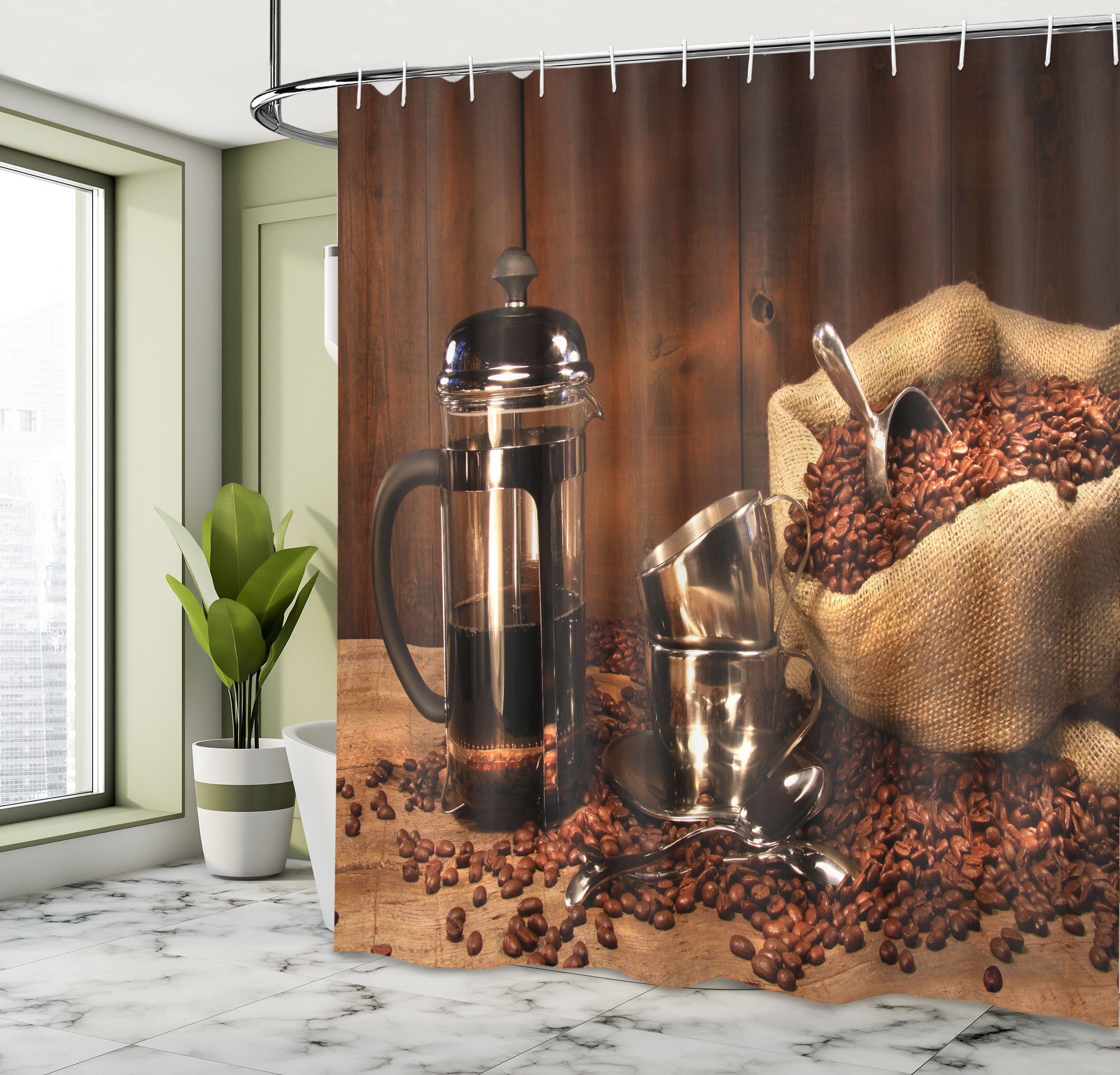 East Urban Home Coffee Shower Curtain French Press Cups and Beans ...