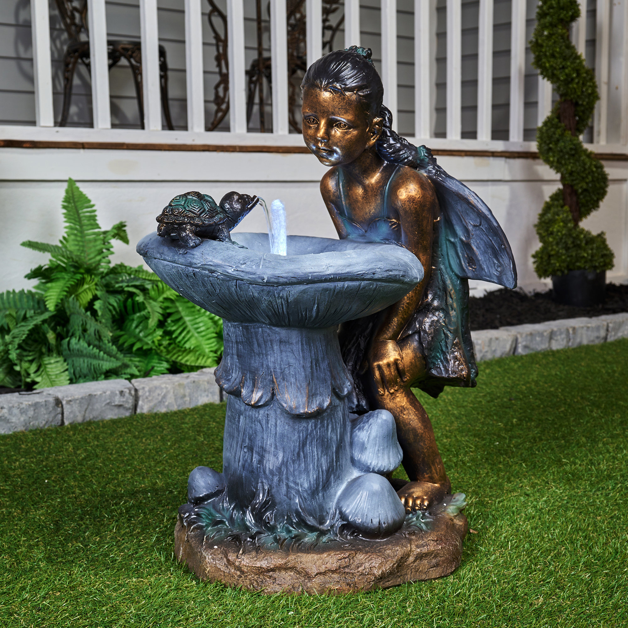 Hi-Line Gift Ltd. Girl Playing By Water Fountain with White LED | Wayfair