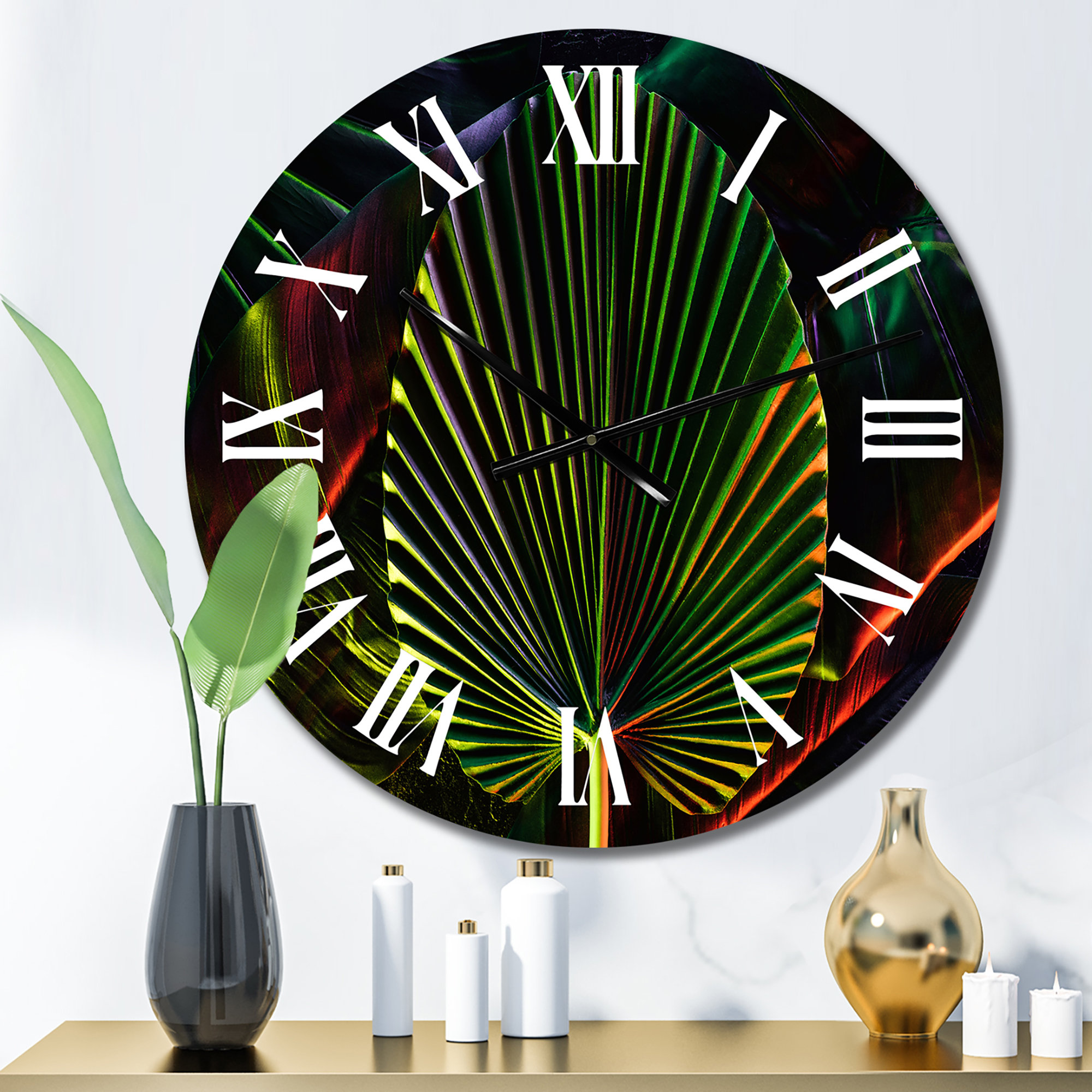 East Urban Home Toned Tropical Leaves on Black I - Tropical Wall Clock ...