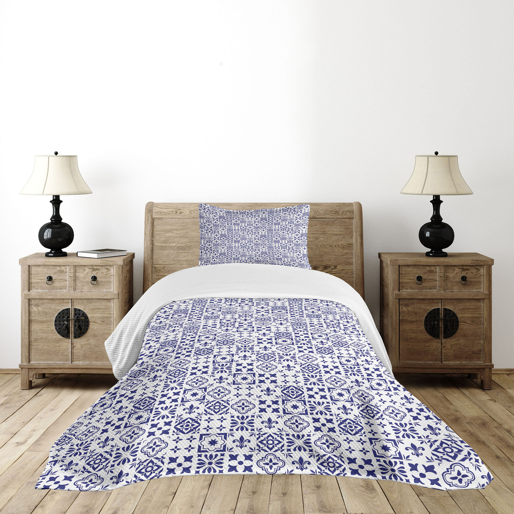 Ambesonne Indigo Bedspread Set Tile Square Abstract Pattern Indigo ...