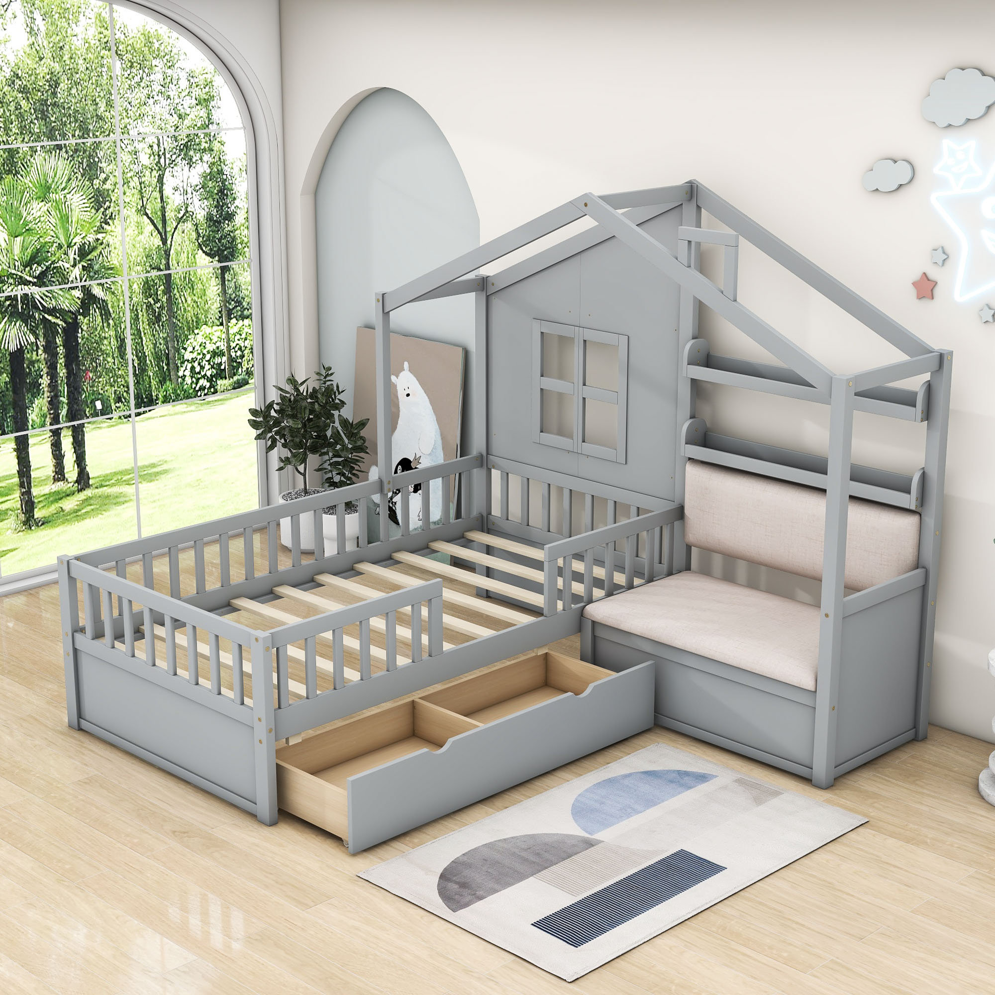 Harper Orchard Twin Wood House Platform Bed with Sofa,Storage Shelves ...