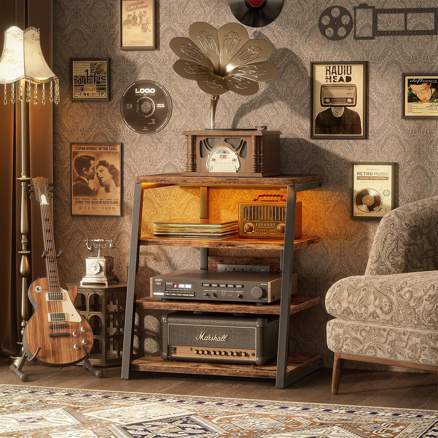 17 Stories AV Media Stand With Outlets, Media Console With LED Lights ...