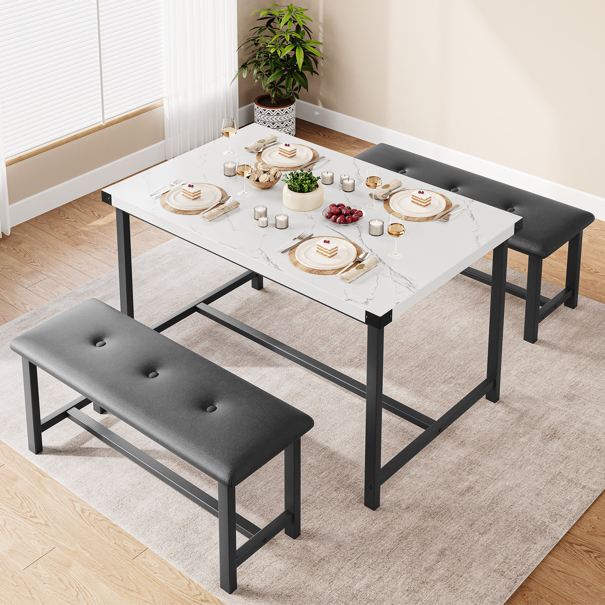Ebern Designs 3-Piece Dining Table Set, 2 Upholstered Benches, Space ...