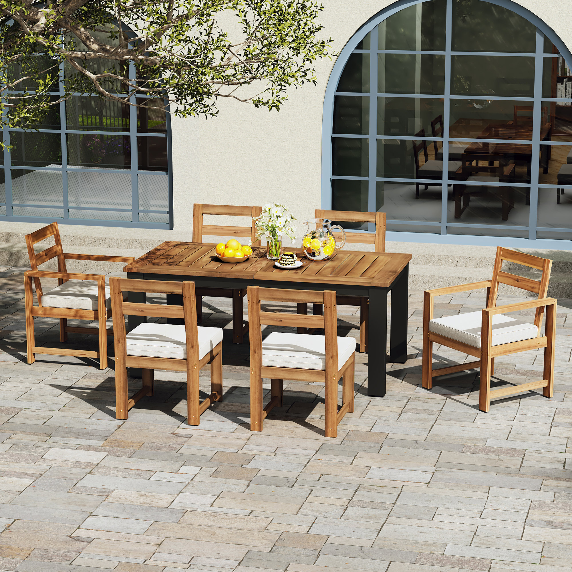 Hokku Designs 7-Piece Patio Dining Set with Wood Table, 2 Armchairs, 4 ...