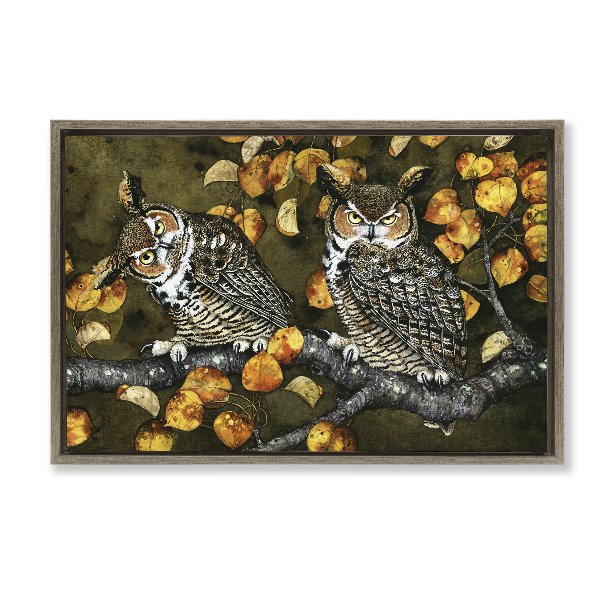 Millwood Pines Inquisitor Owls Autumn Branch Gray Framed Floater Canvas ...