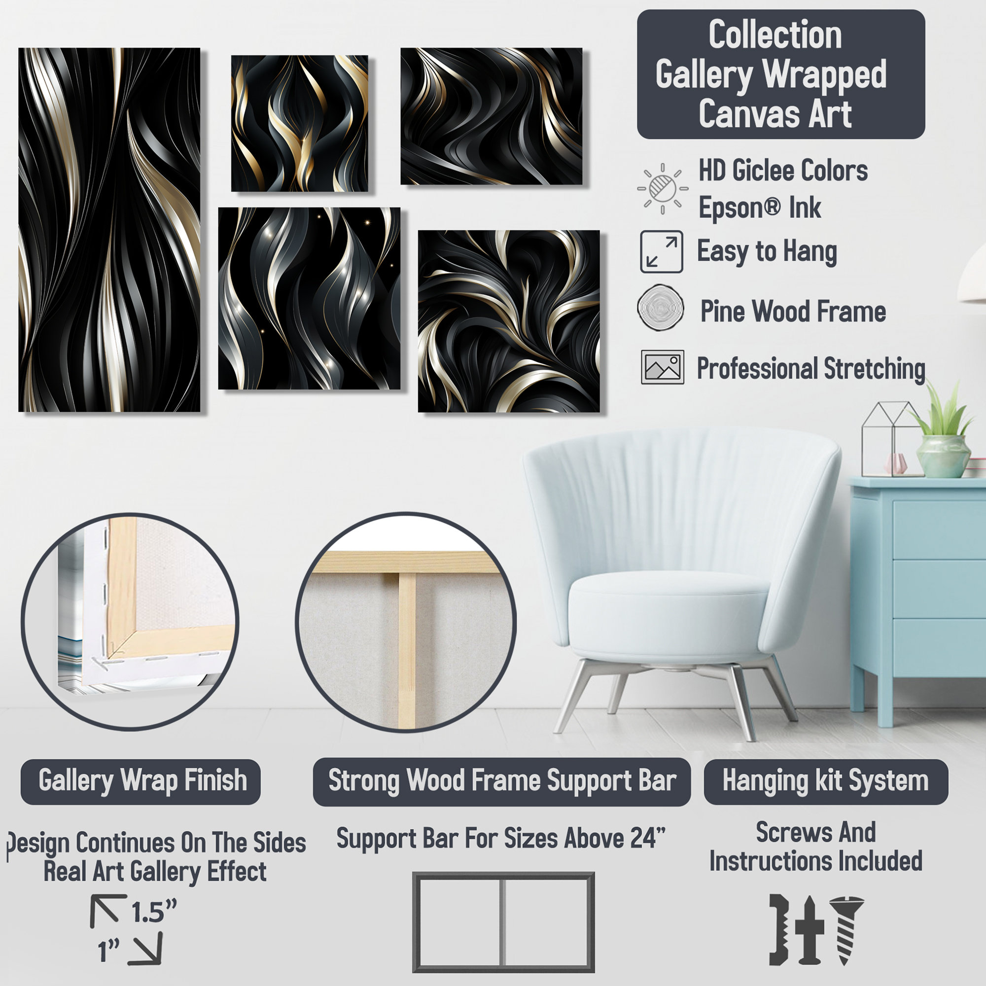 Design Art Deep Black Silver Elegance - Glam Canvas Wall Art Set Of 5 ...