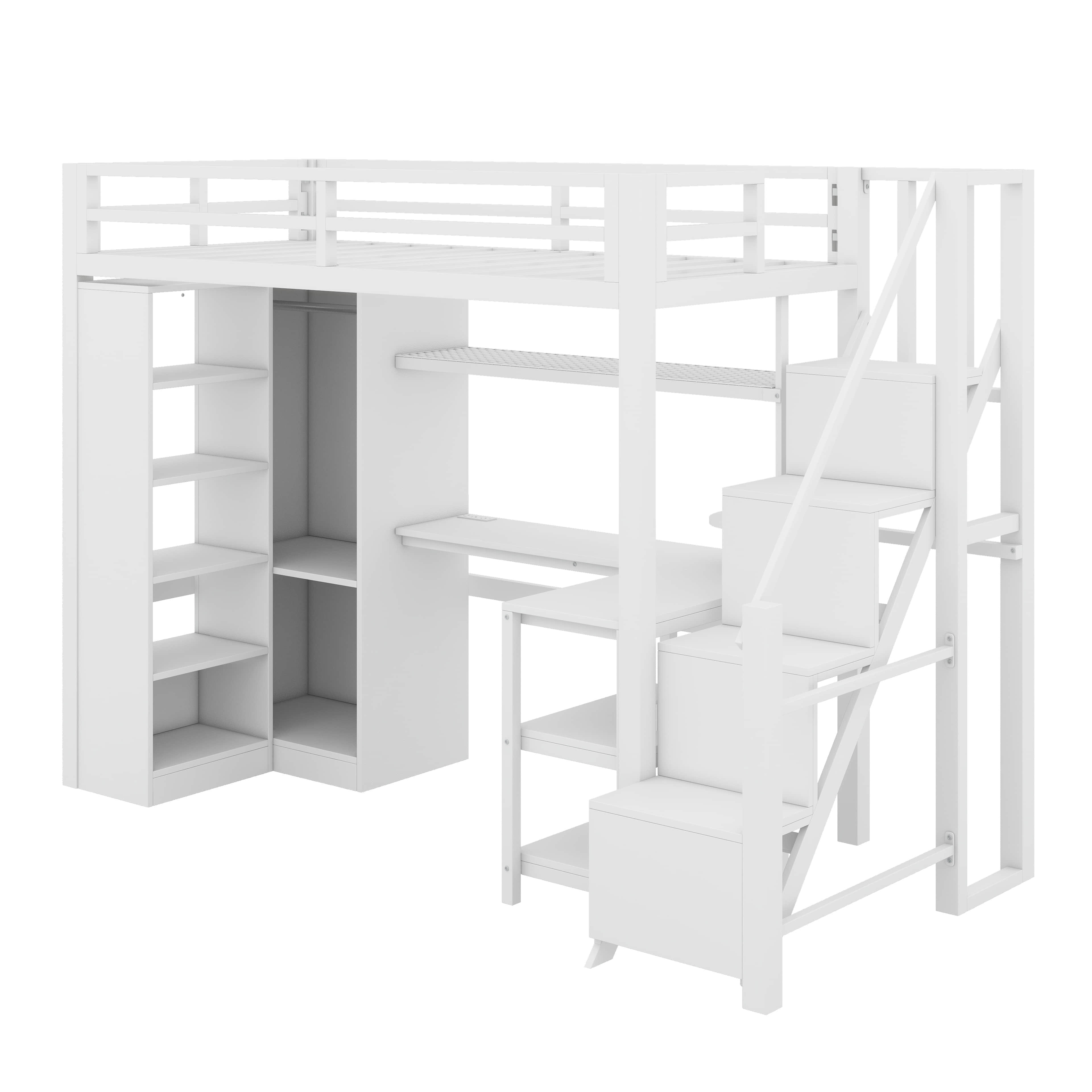 Harriet Bee Loft Bed With Desk, USB Ports, Shelf, Wardrobe And Stepped ...