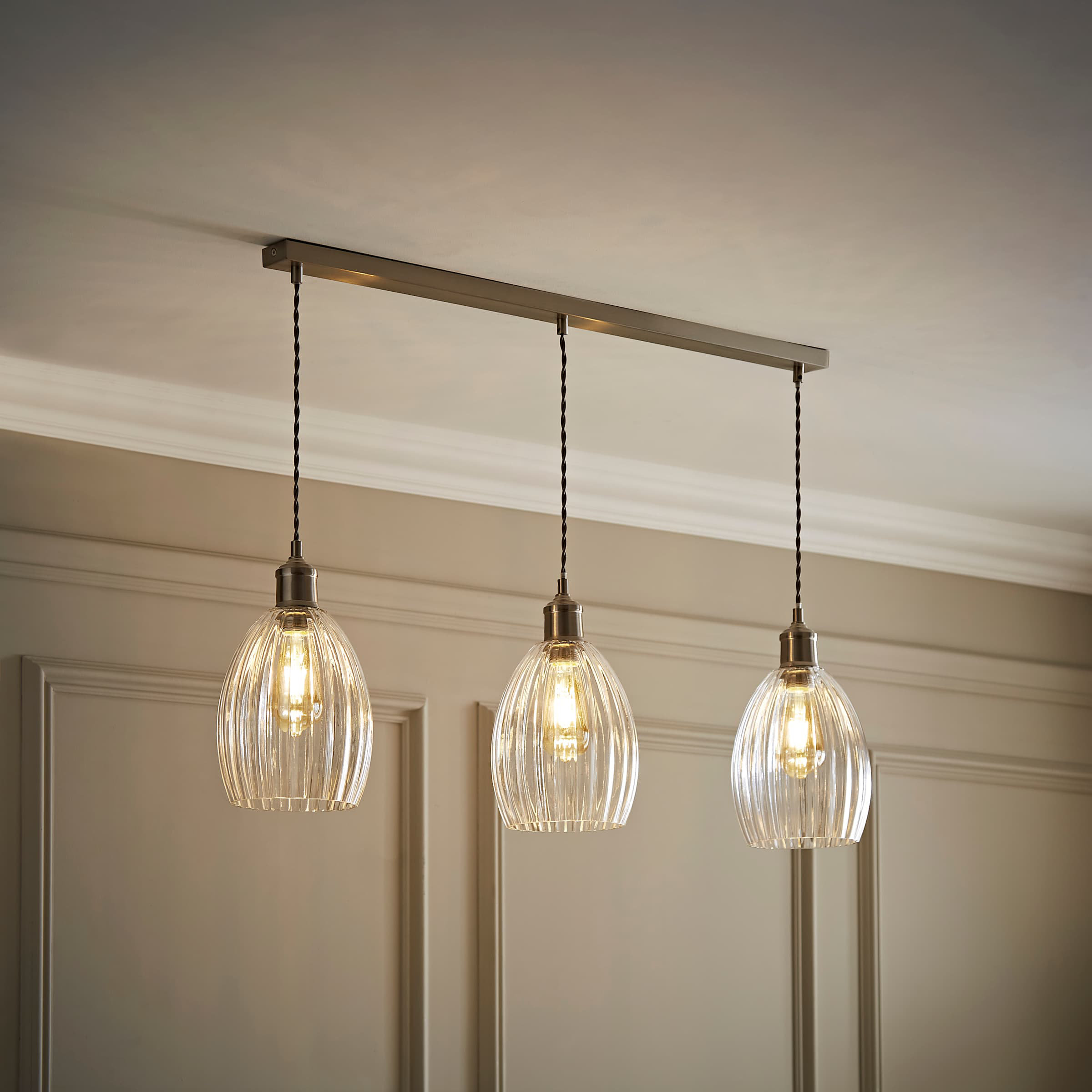 Metro Lane Dellis Brushed Chrome Clear Ribbed Glass 3 Drop Bar Diner ...