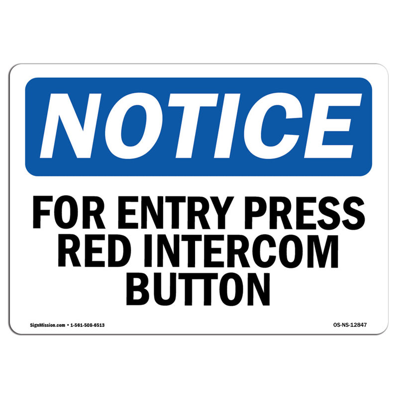 SignMission Notice - For Entry Press Red Intercom Button Sign - Wayfair ...