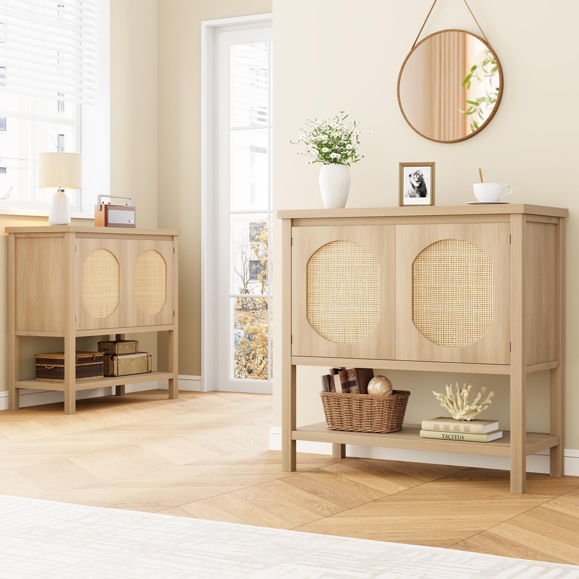 Bay Isle Home™ Farmhouse Console Table, Storage Cabinet With 2 Rattan ...