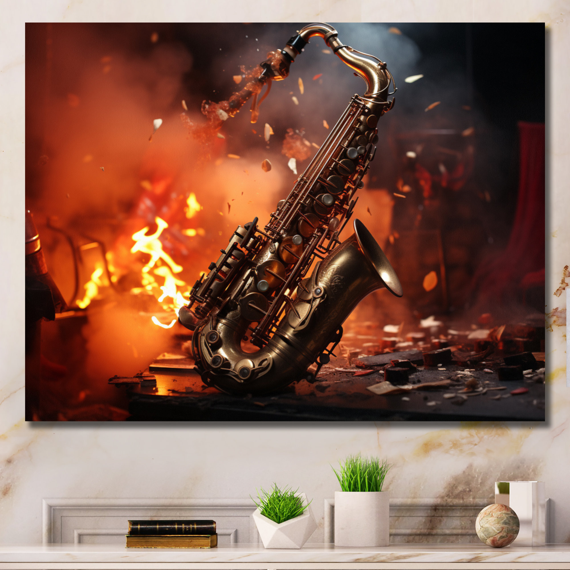 Hokku Designs Jineane Orange Black Fire Sax Tools Music - Print | Wayfair