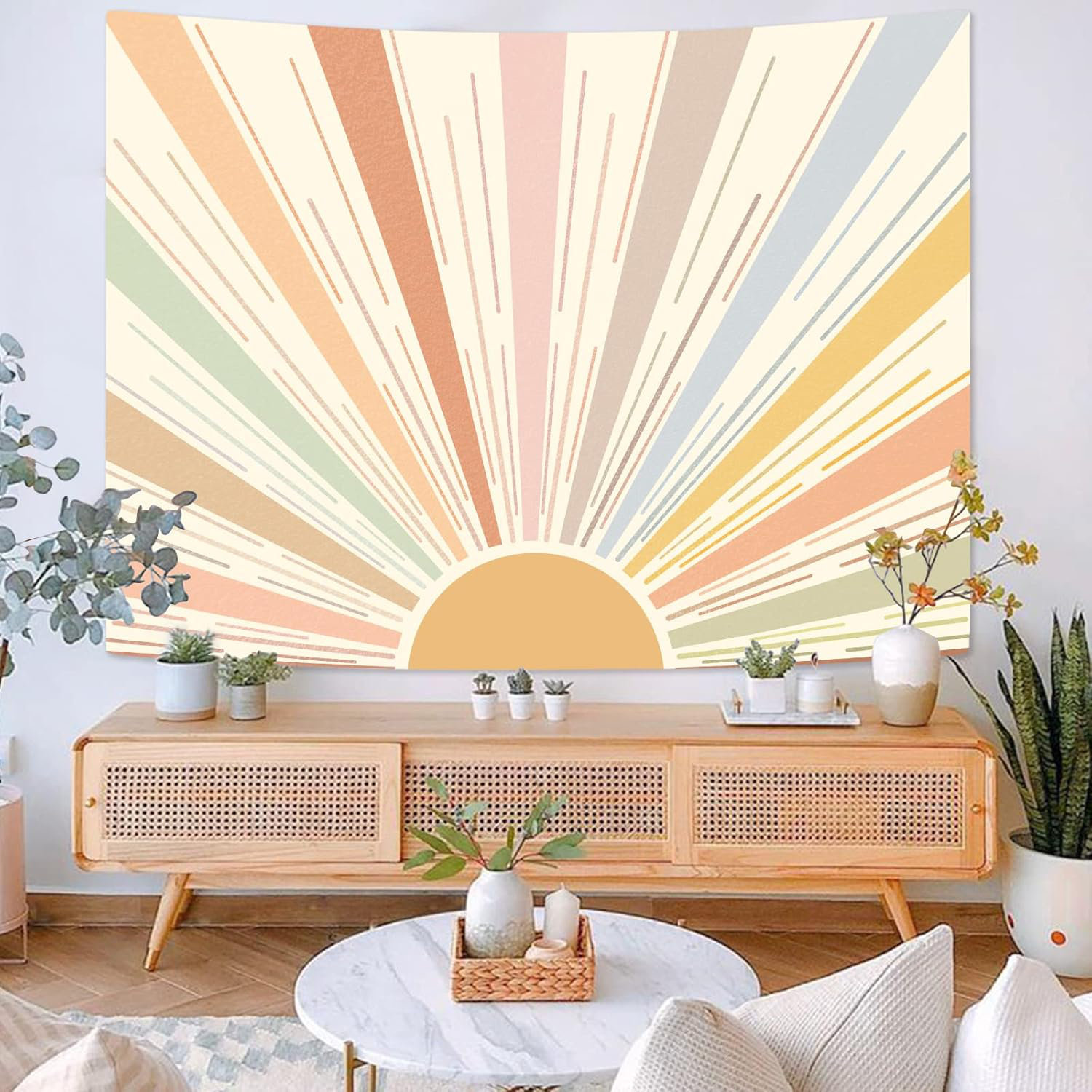 Latitude Run® Sun Tapestry Wall Hanging, Retro 70S Abstract Striped ...