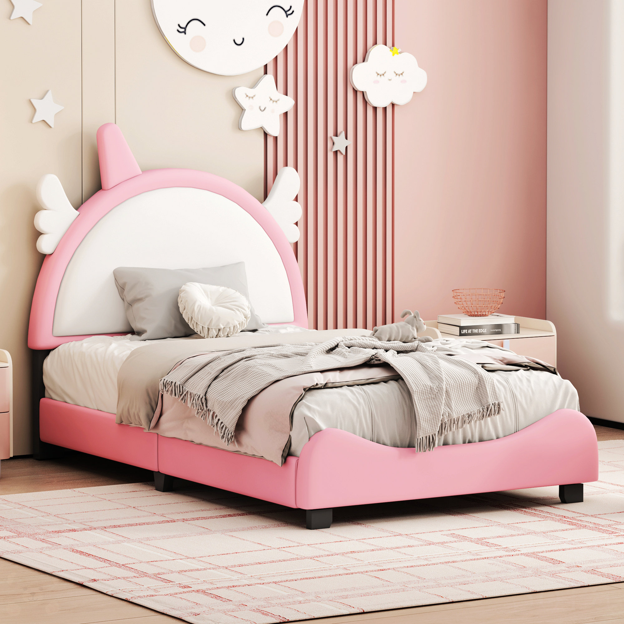 Zoomie Kids Cute Twin Size Upholstered Bed With Unicorn Shape Headboard ...