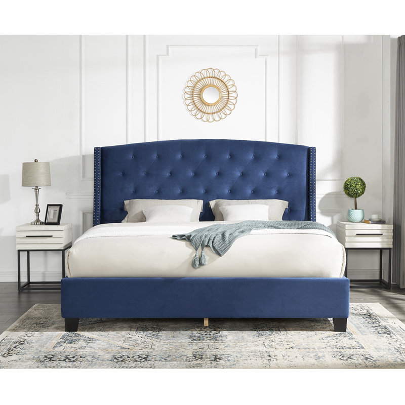 Ebern Designs 3-Piece Upholstered Bedroom Set, Tufted Wingback Bed with ...