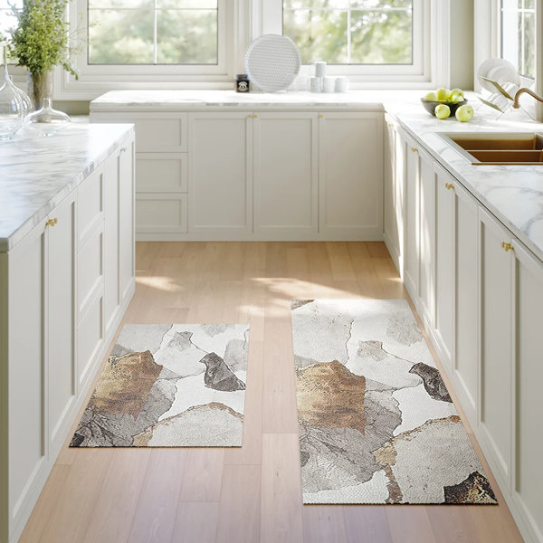 Mercer41 2 Pieces Modern Gold Kitchen Runner Mats Non-slip Abstract ...