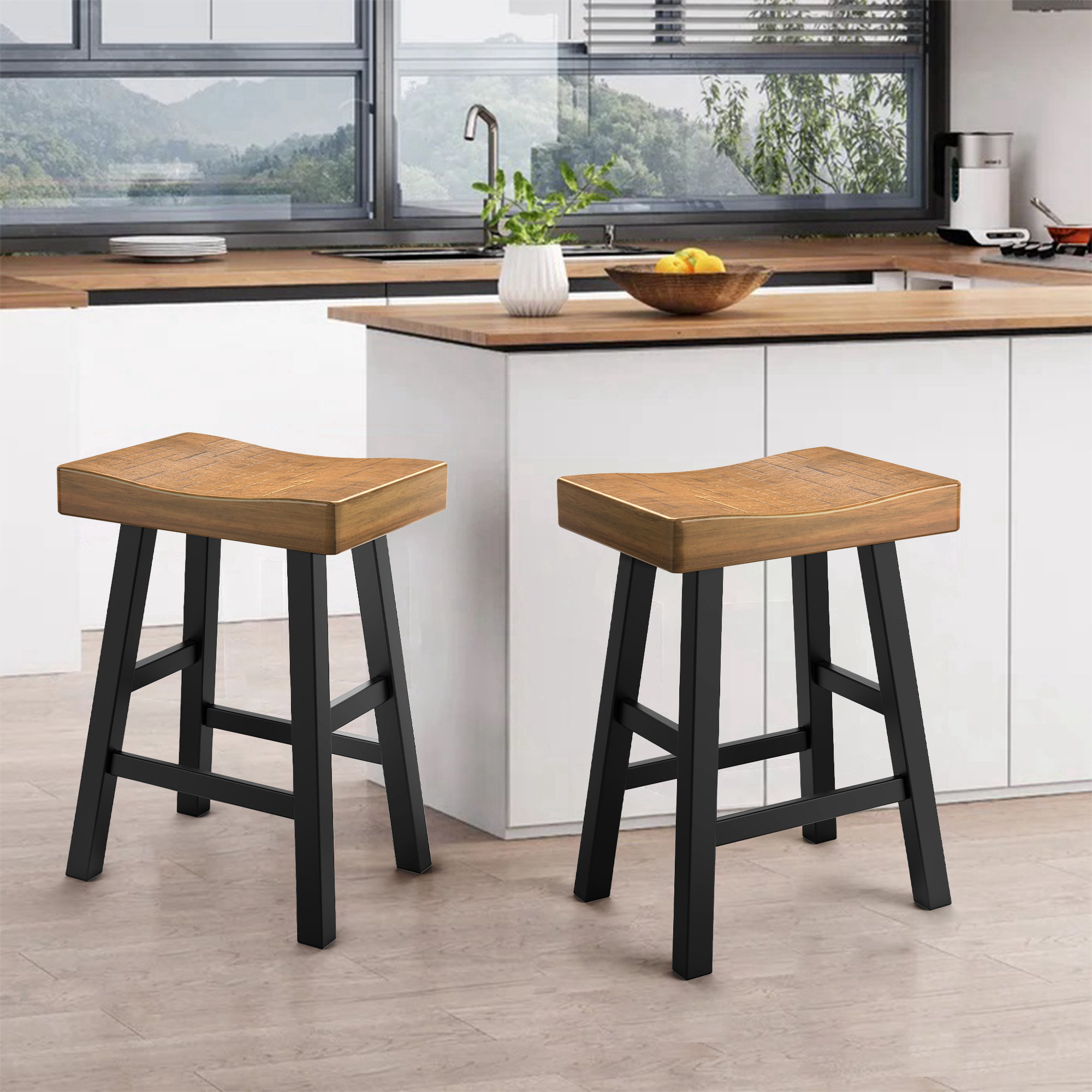 Hokku Designs 24"/31" Solid Wood Backless Saddle Counter Stool with ...