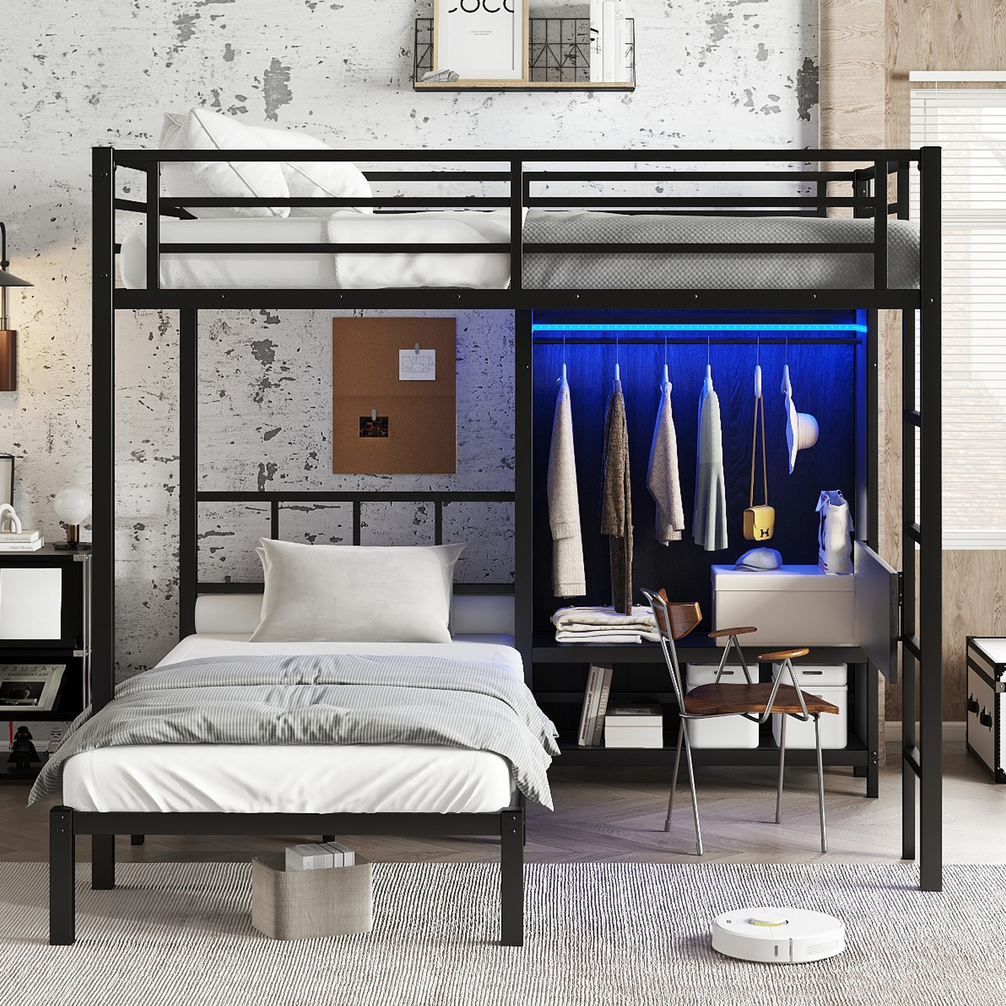 Ivy Bronx Metal Bunk Bed with Folding Desk, Closet with LED Light ...