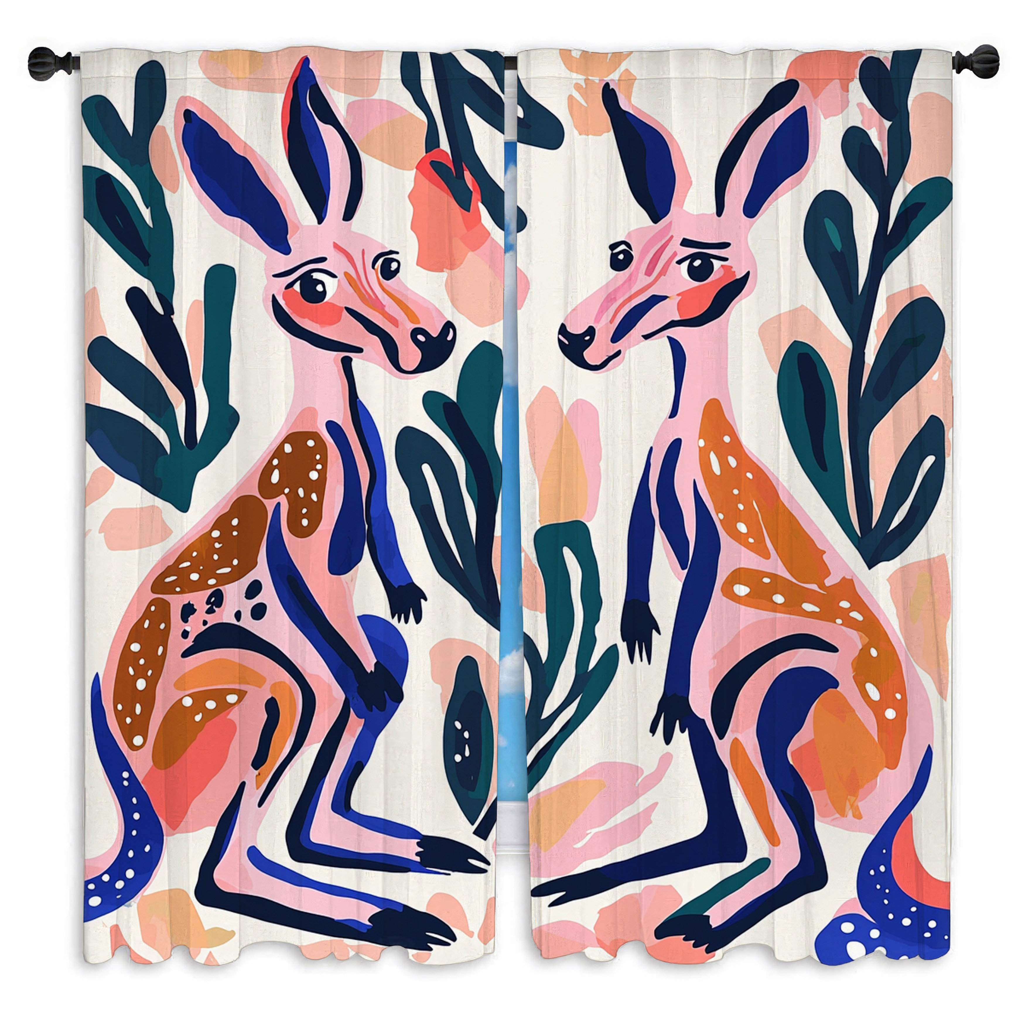 Dakota Fields Kangaroo Pair Window Curtains Animal Bohemian Boho Drapes ...